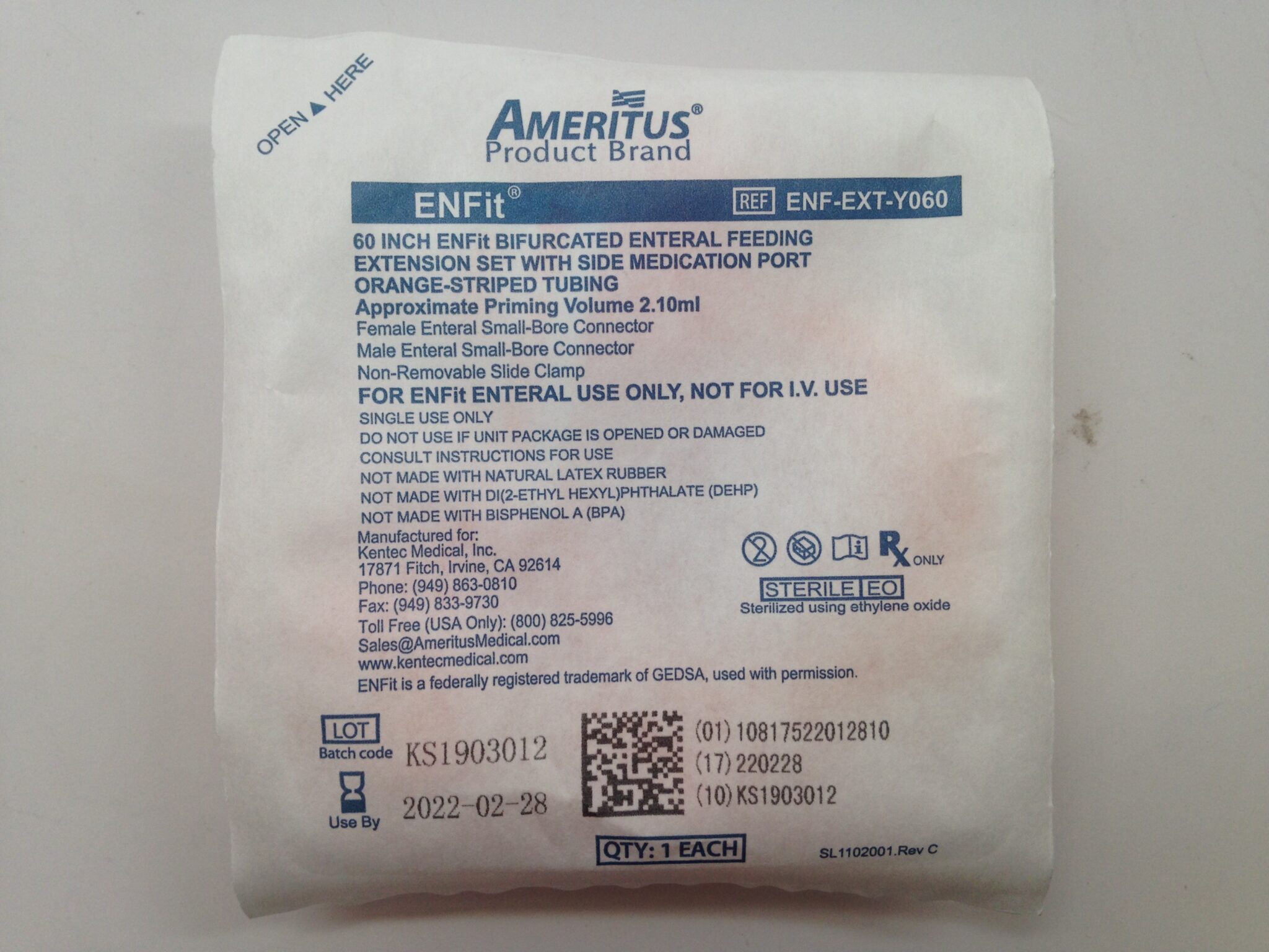 AMERITUS ENF-EXT-Y060 ENFit Bifurcated Enteral Feeding Extension Set ...