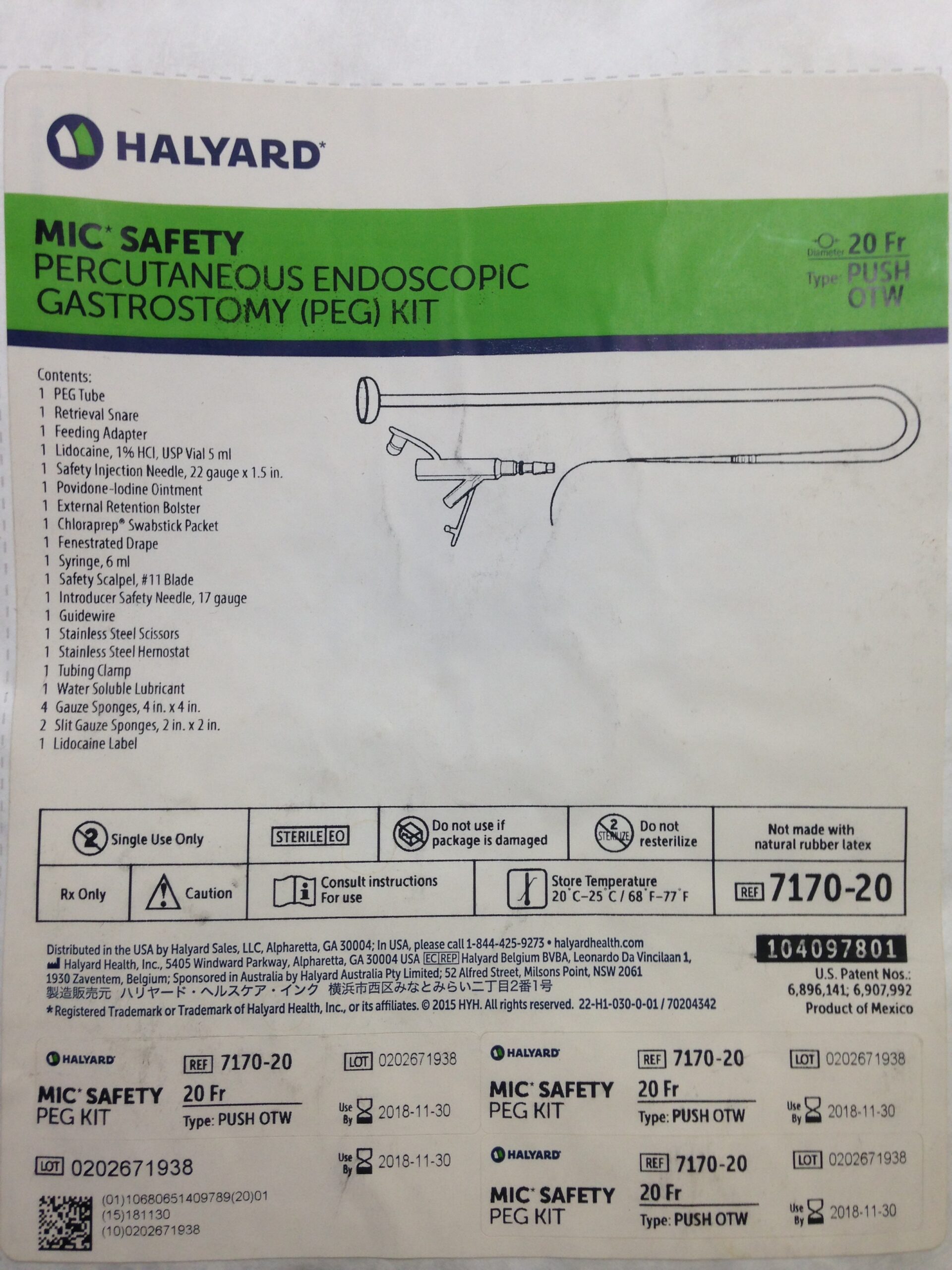 HALYARD 7170-20 Mic Safety Percutaneous Endoscopic Gastrostomy (PEG ...