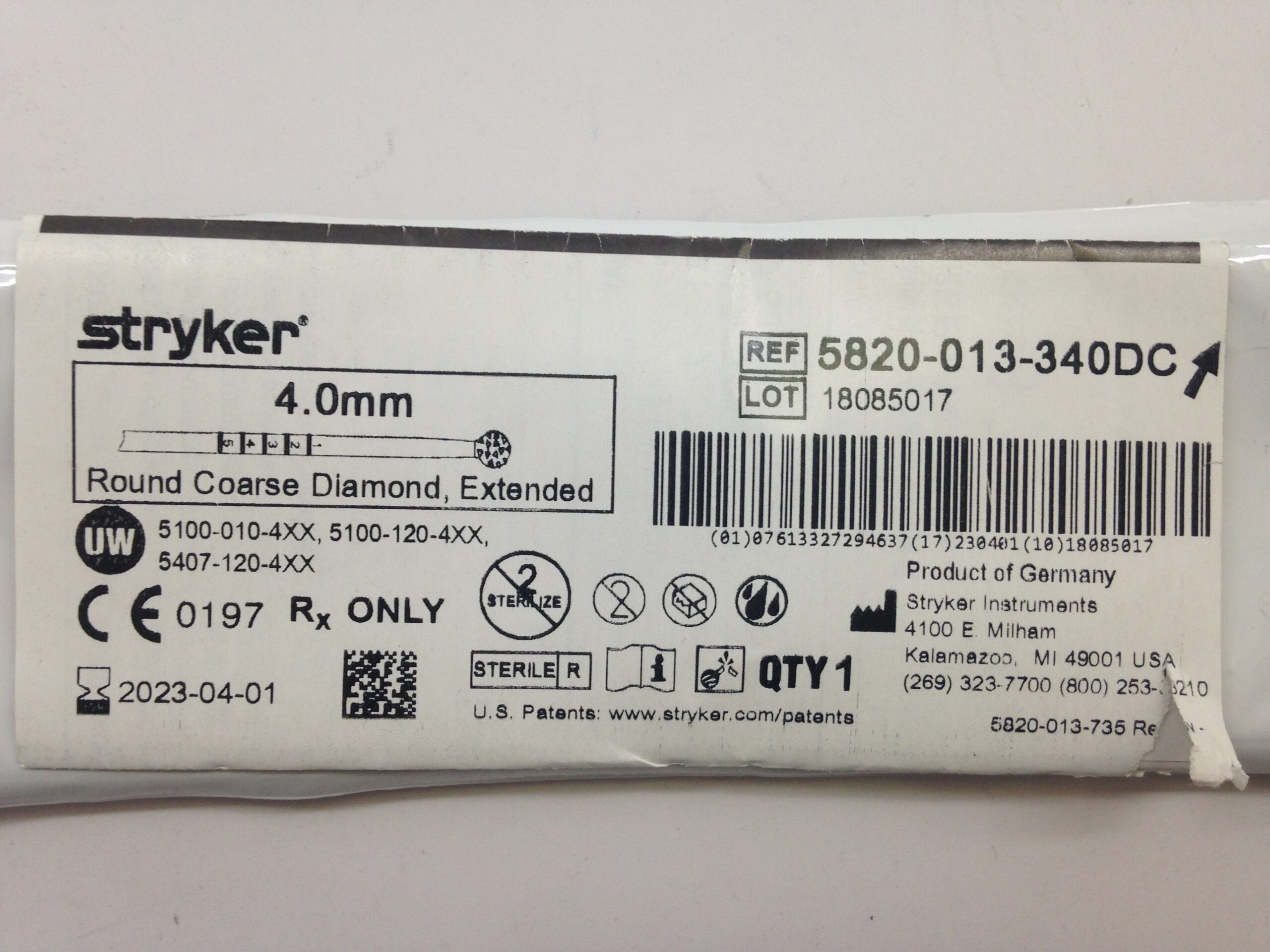 STRYKER 5820-013-340DC Round Coarse Diamond Bur, Extended, 4mm (X) - GB ...