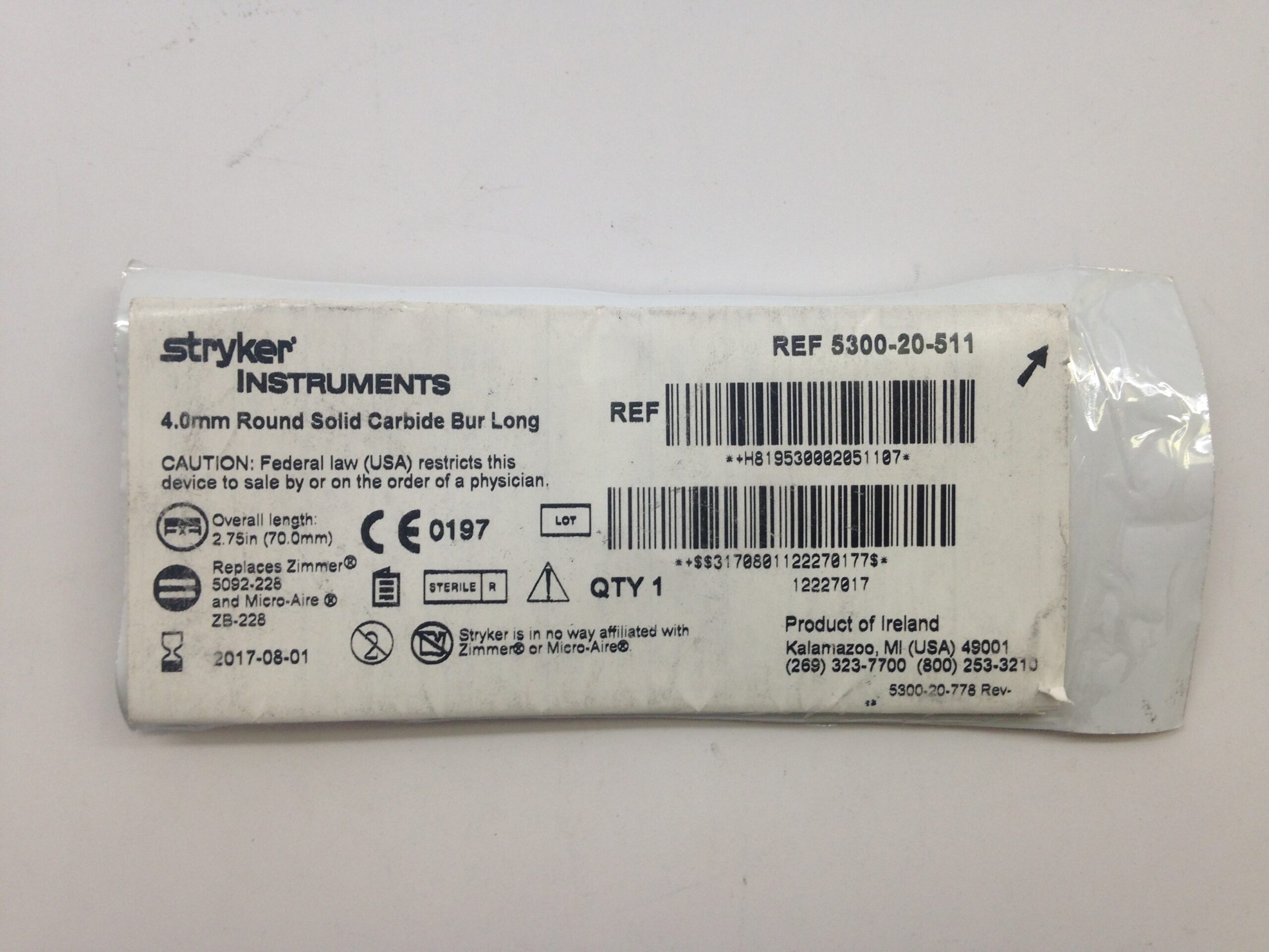 STRYKER 5300-20-511 Round Solid Carbide Bur, Long, 4.0mm (X) - GB TECH USA