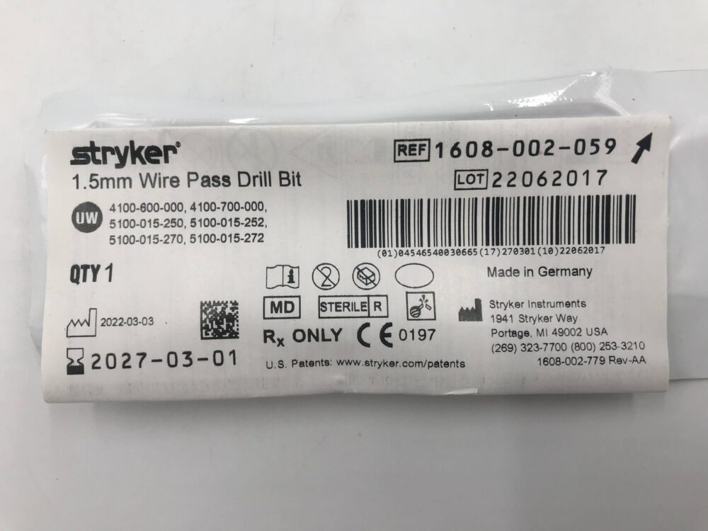 STRYKER 1608-002-059 Wire Pass Drill Bit, 1.5mm - GB TECH USA