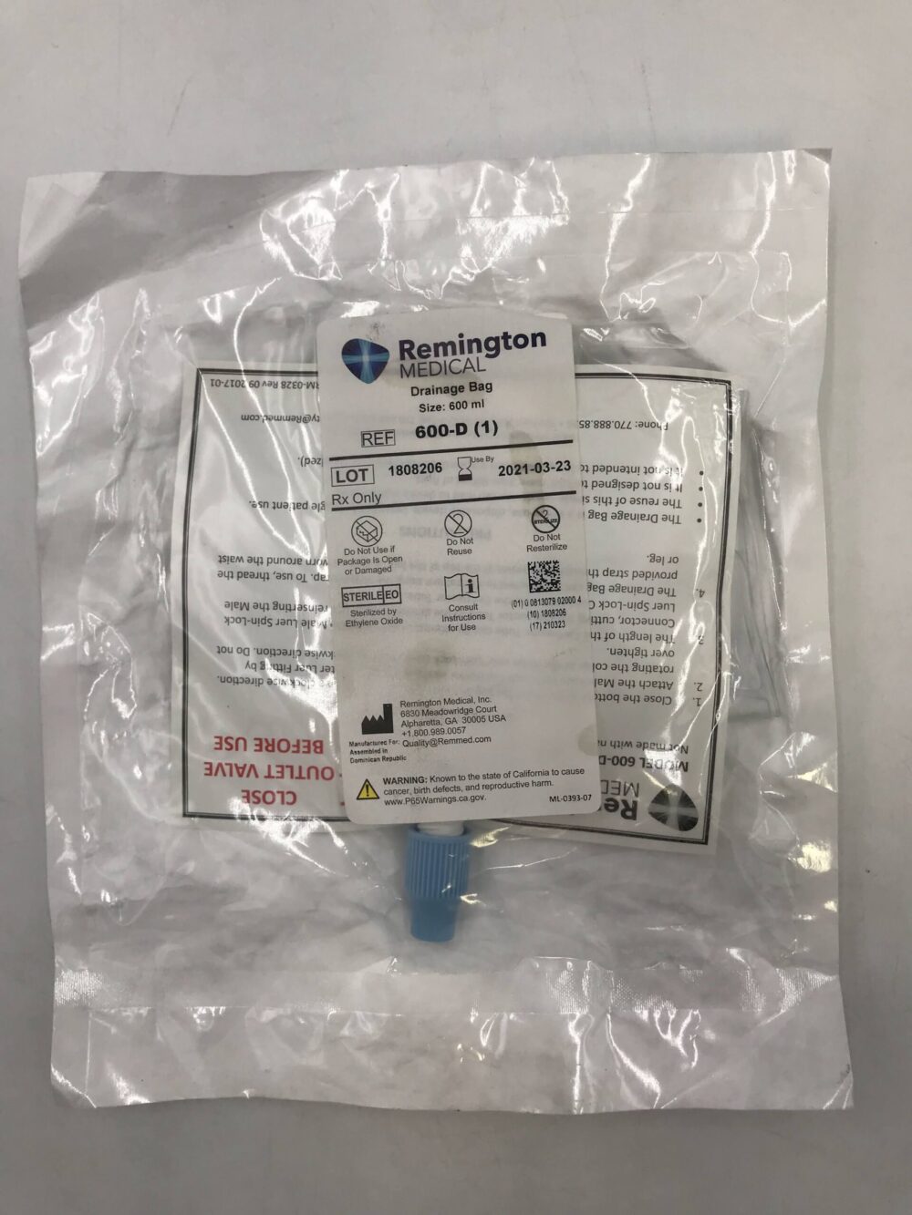 REMINGTON MEDICAL 600-D Drainage Bag, 600mL (X) - GB TECH USA