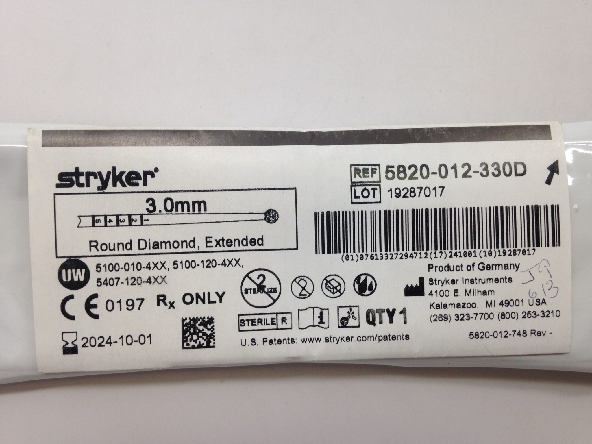 STRYKER 5820-012-330D Round Diamond, Extended Bur, 3.0mm (X) - GB TECH USA