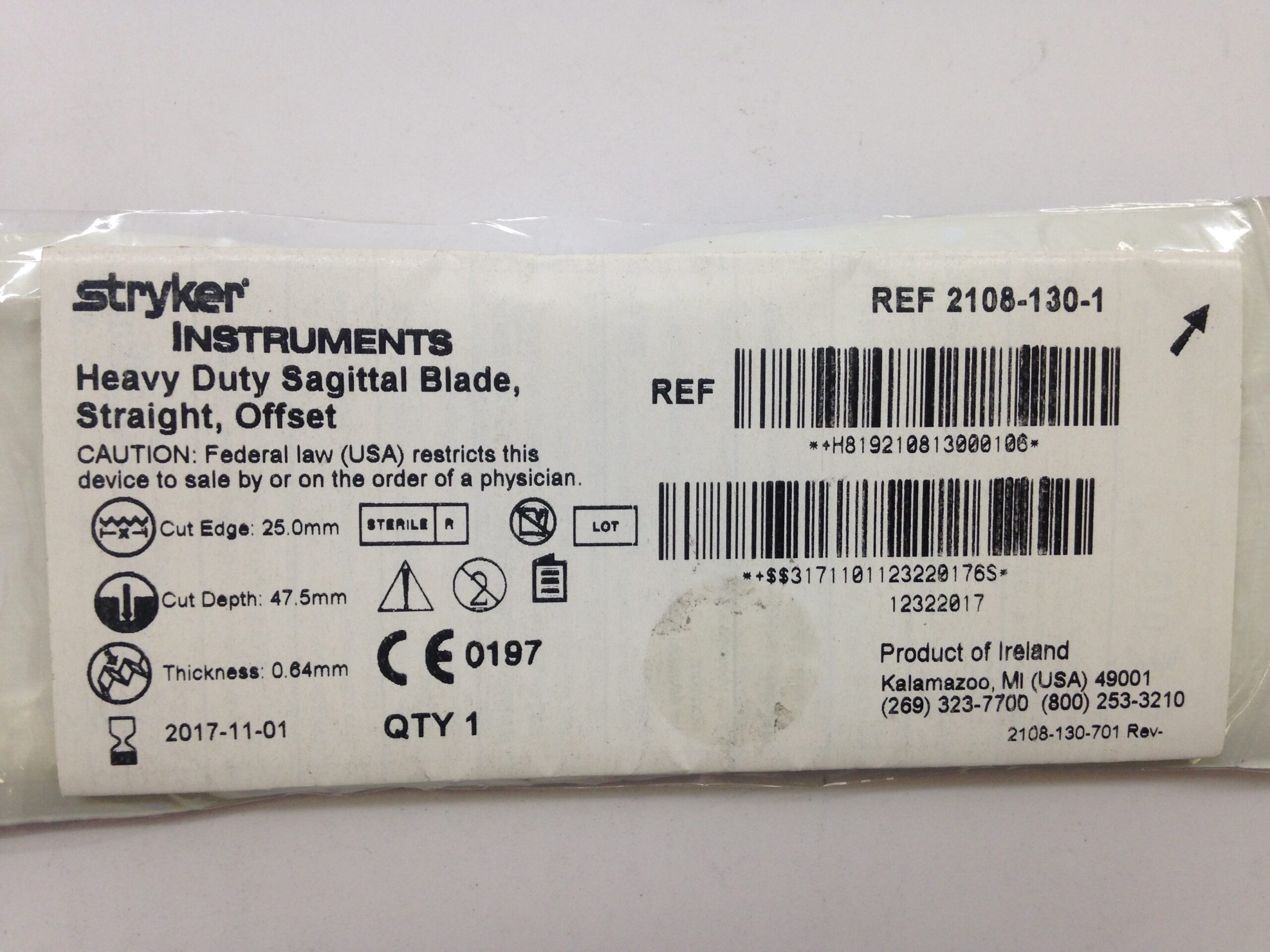 STRYKER 2108-130-1 Heavy Duty Sagittal Blade, Straight, Offset (X) - GB ...