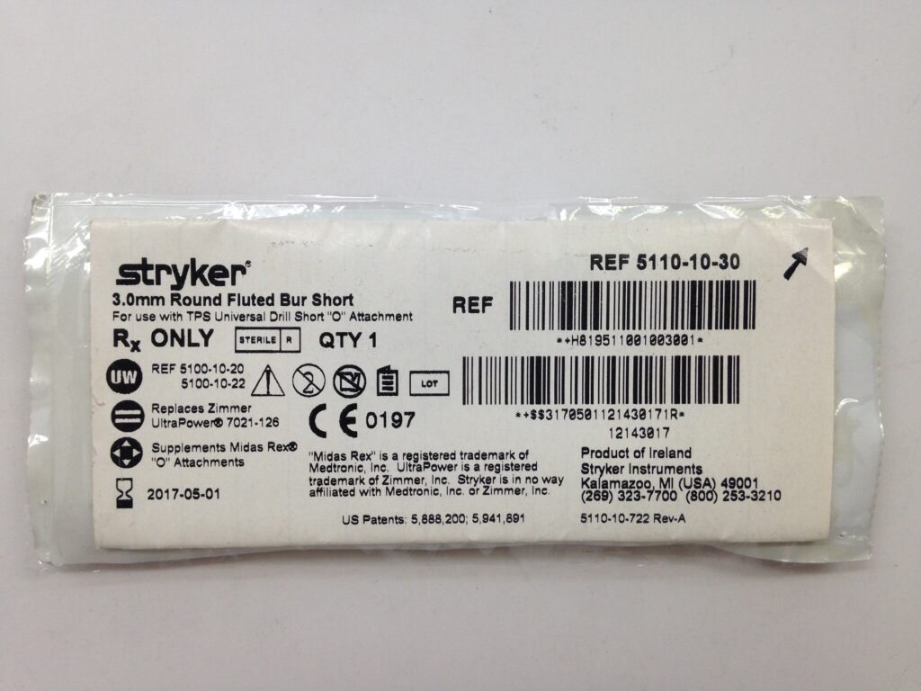 STRYKER 5110-10-30 Round Fluted Bur, Short, 3.0mm (X) - GB TECH USA