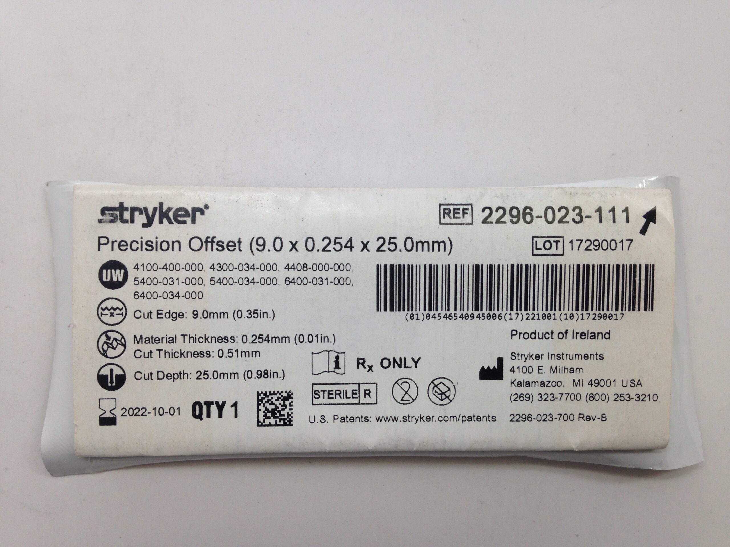 STRYKER 2296-023-111 Precision Offset Blade, 9.0 x 0.254 x 25.0mm (X ...