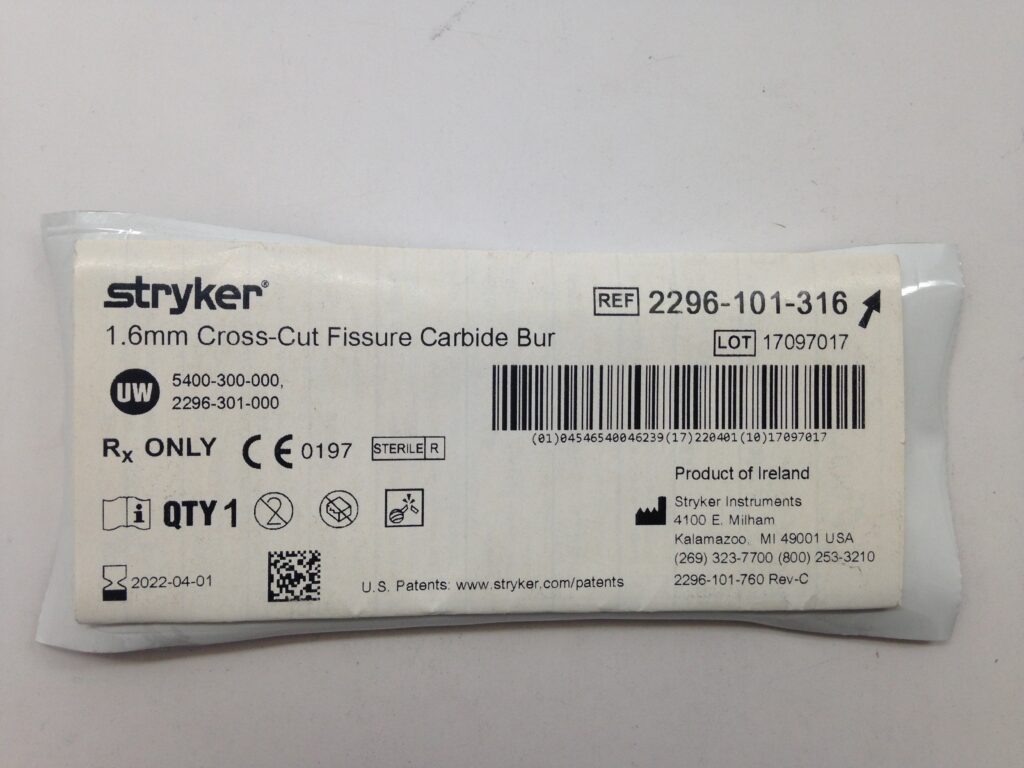 STRYKER 2296-101-316 1.6mm Cross-Cut Fissure Carbide BurI(X) - GB TECH USA