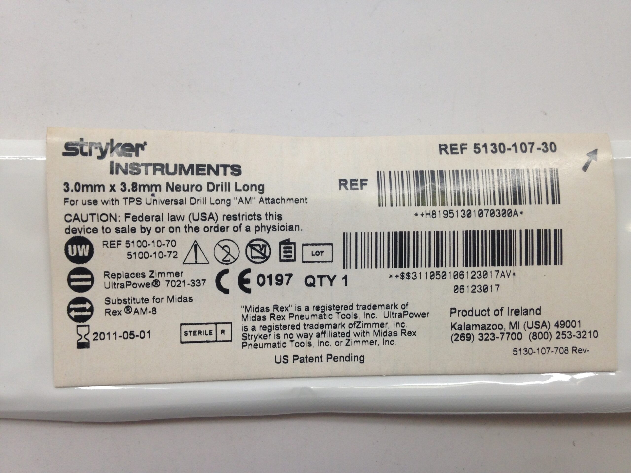 STRYKER 5130-107-30 Neuro Drill Long, 3.0mm x 3.8mm (X) - GB TECH USA