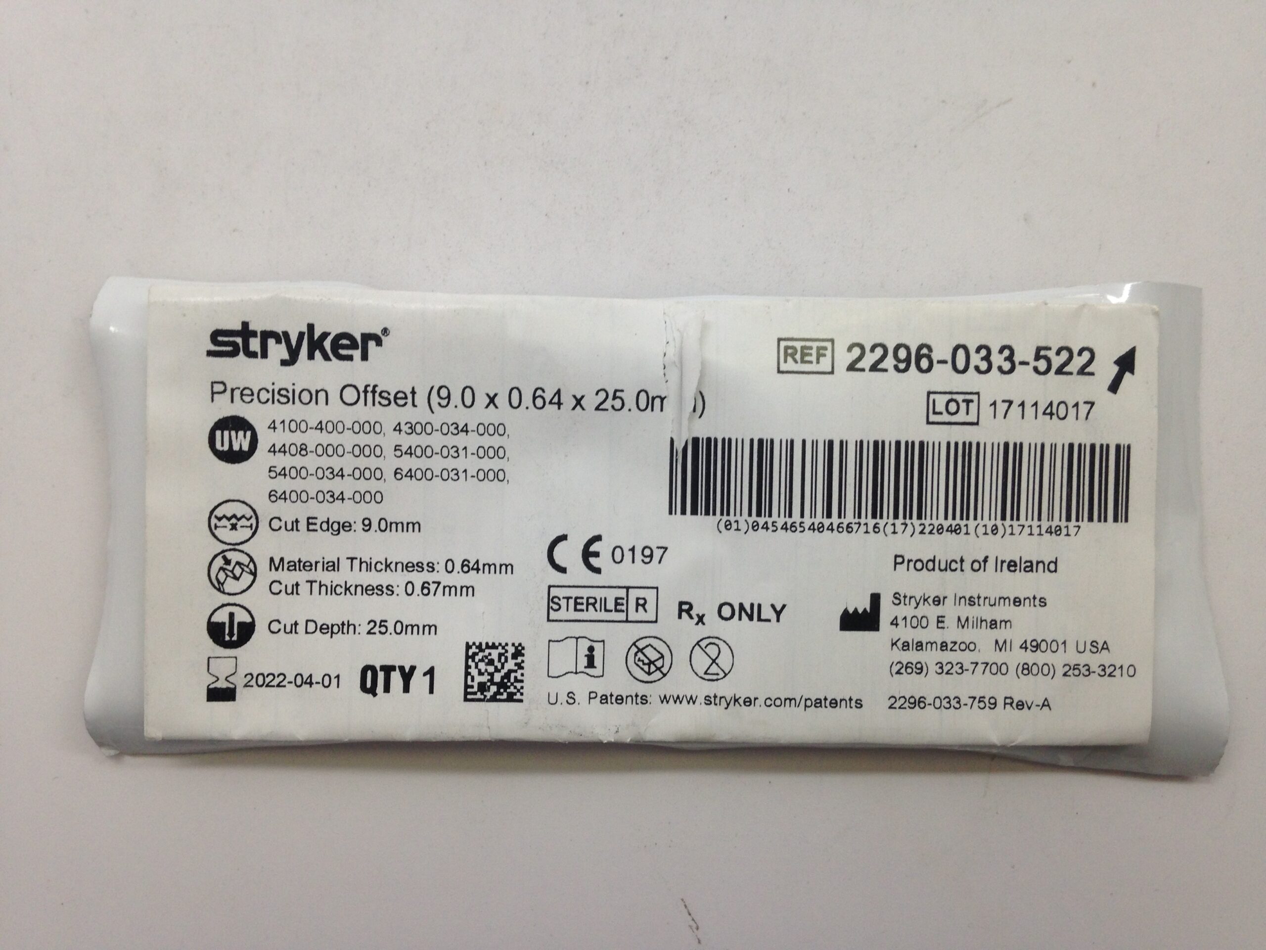Stryker 2296 033 522 Precision Offset Blade 9 0 X 0 64 X 25 0mm Gb