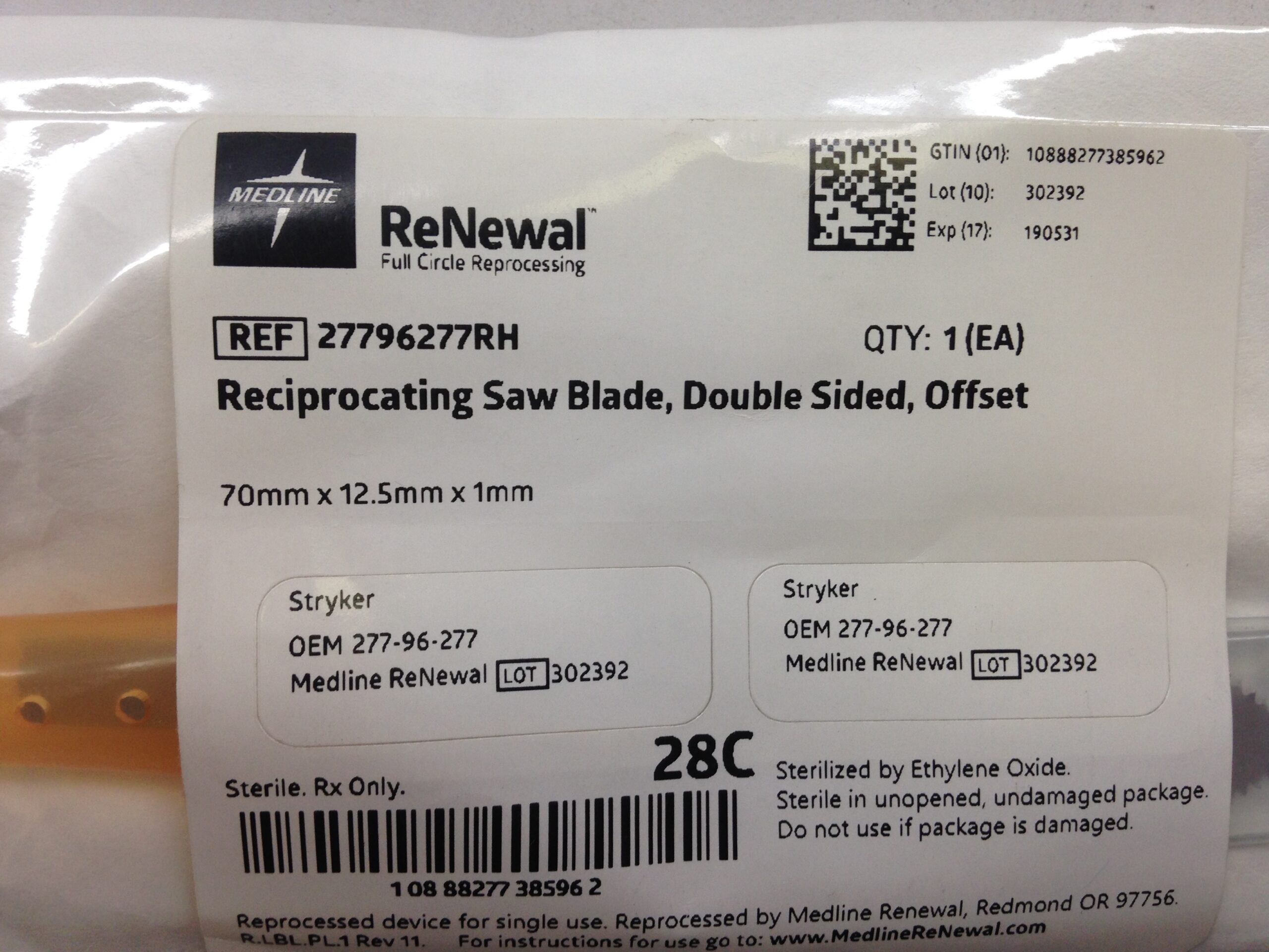 STRYKER 27796277RH Reciprocating Saw Blade, Double Sided, Offset, 70mm ...