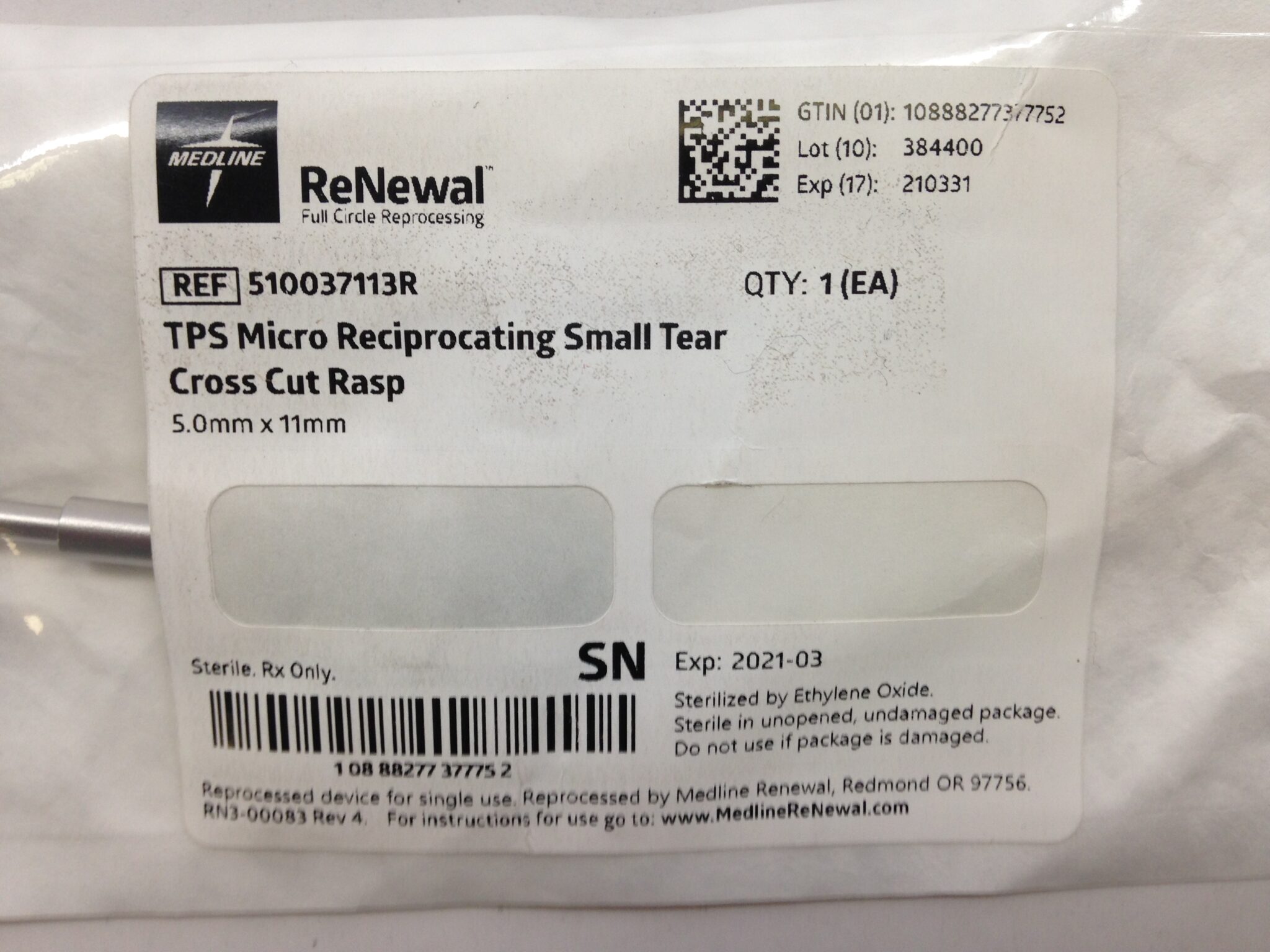 STRYKER 510037113R TPS Micro Reciprocating Small Tear Cross Cut Rasp, 5 ...