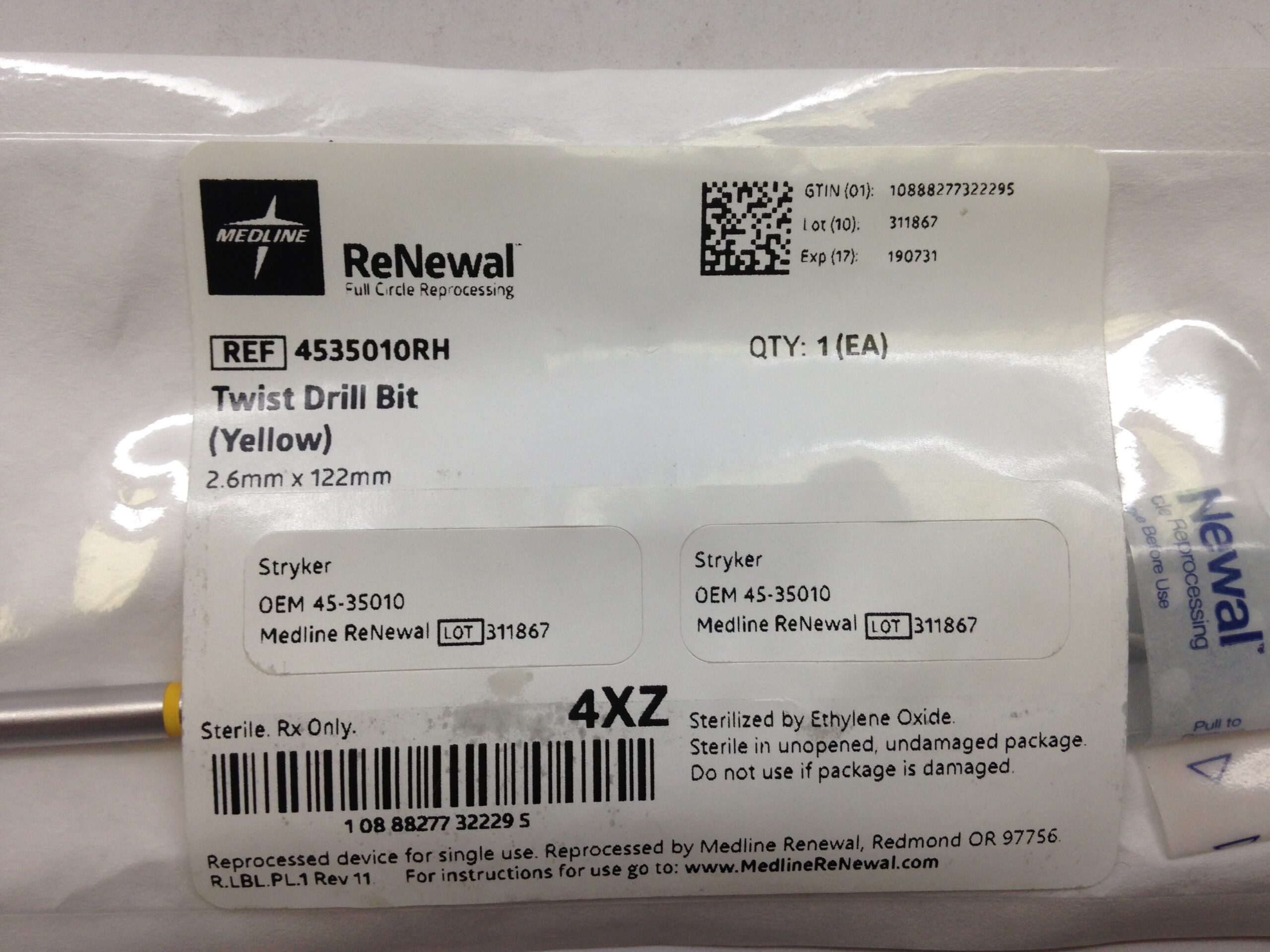 STRYKER 4535010RH Twist Drill Bit, 2.6mm x 122mm (Yellow) (Reprocessed ...