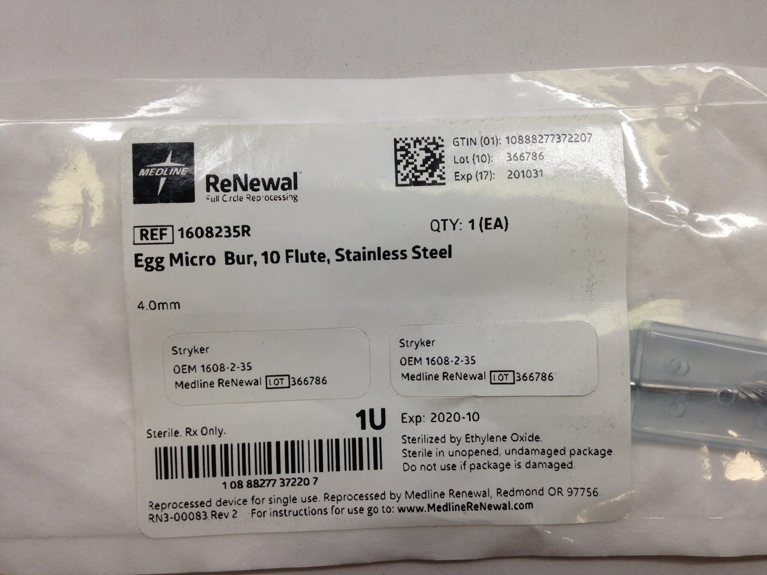 STRYKER 1608235R Egg Micro Bur, 10 Flute, Stainless Steel, 4.0mm ...