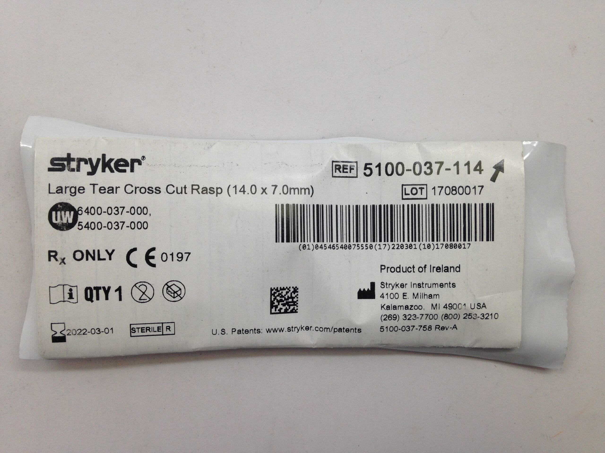 STRYKER 5100-037-114 Large Tear Cross Cut Rasp, 14.0 x 7.0mm (X) - GB ...
