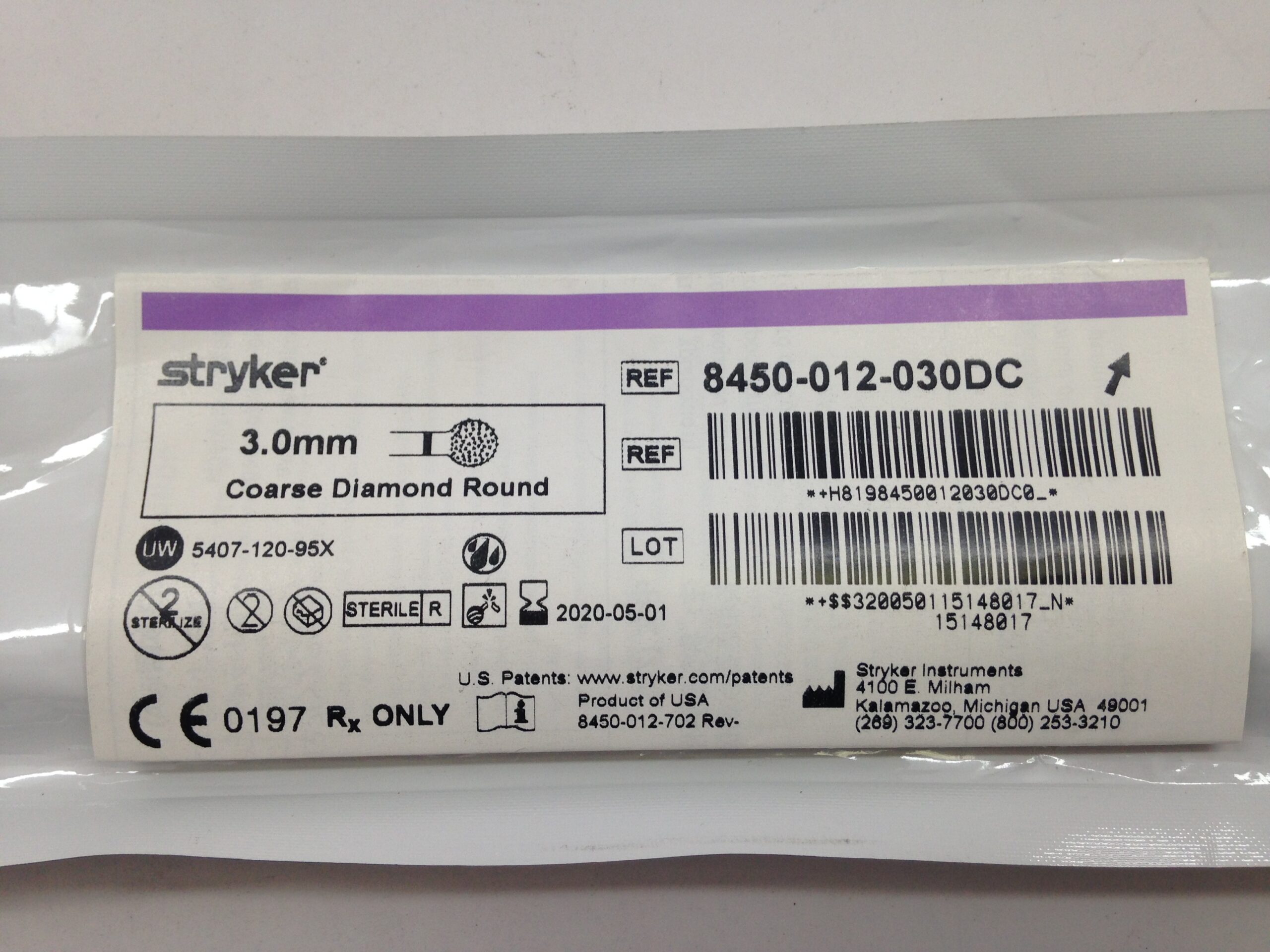STRYKER 8450-012-030DC Coarse Diamond Round, 3.0mm (X) - GB TECH USA