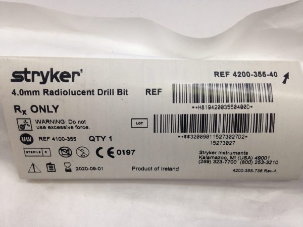 STRYKER 4200-355-40 Radiolucent Drill Bit, 4.0mm (X) - GB TECH USA