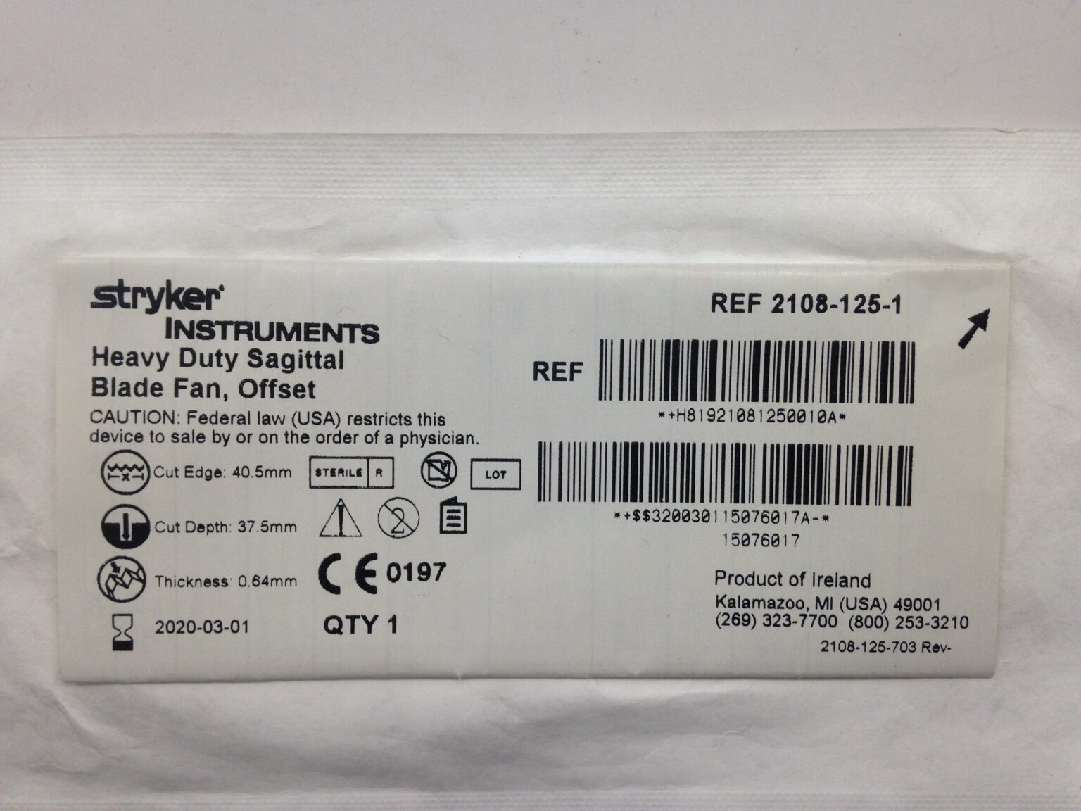 STRYKER 2108-125-1 Heavy Duty Sagittal Blade, Fan, Offset (X) - GB TECH USA