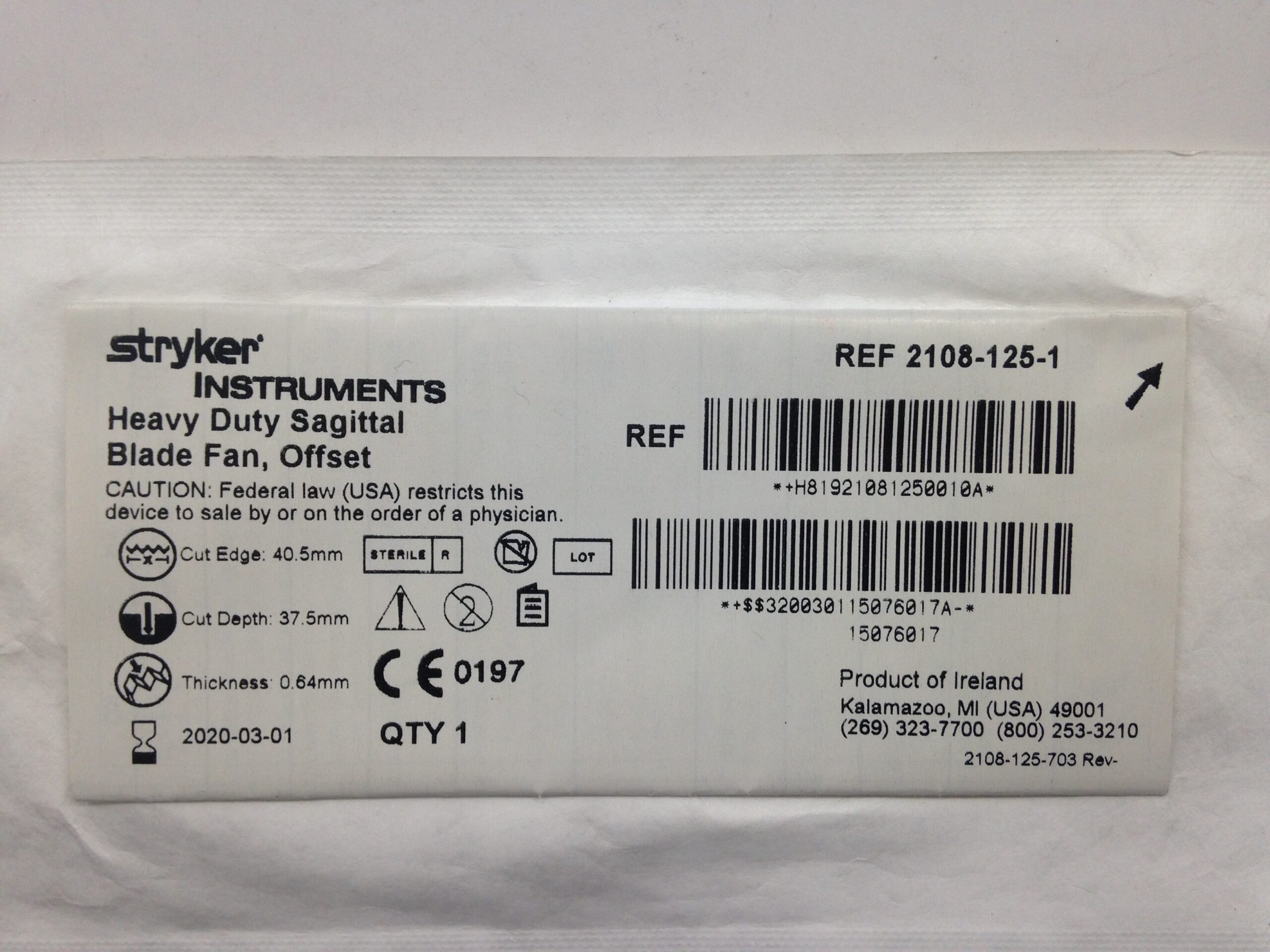 STRYKER 2108-125-1 Heavy Duty Sagittal Blade, Fan, Offset (X) - GB TECH USA