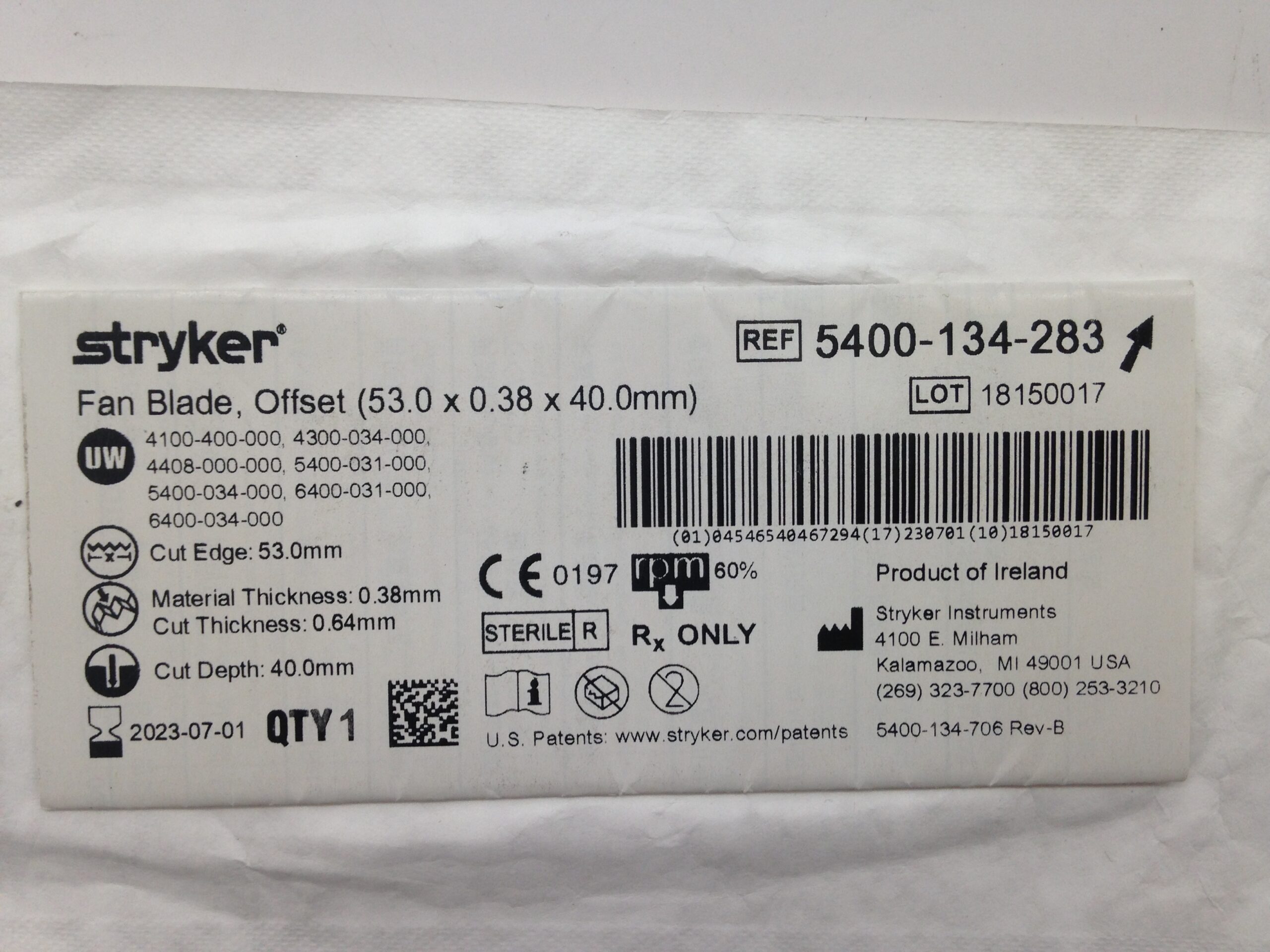 STRYKER 5400-134-283 Fan Blade, Offset, 53.0 x 0.38 x 40.0mm - GB TECH USA