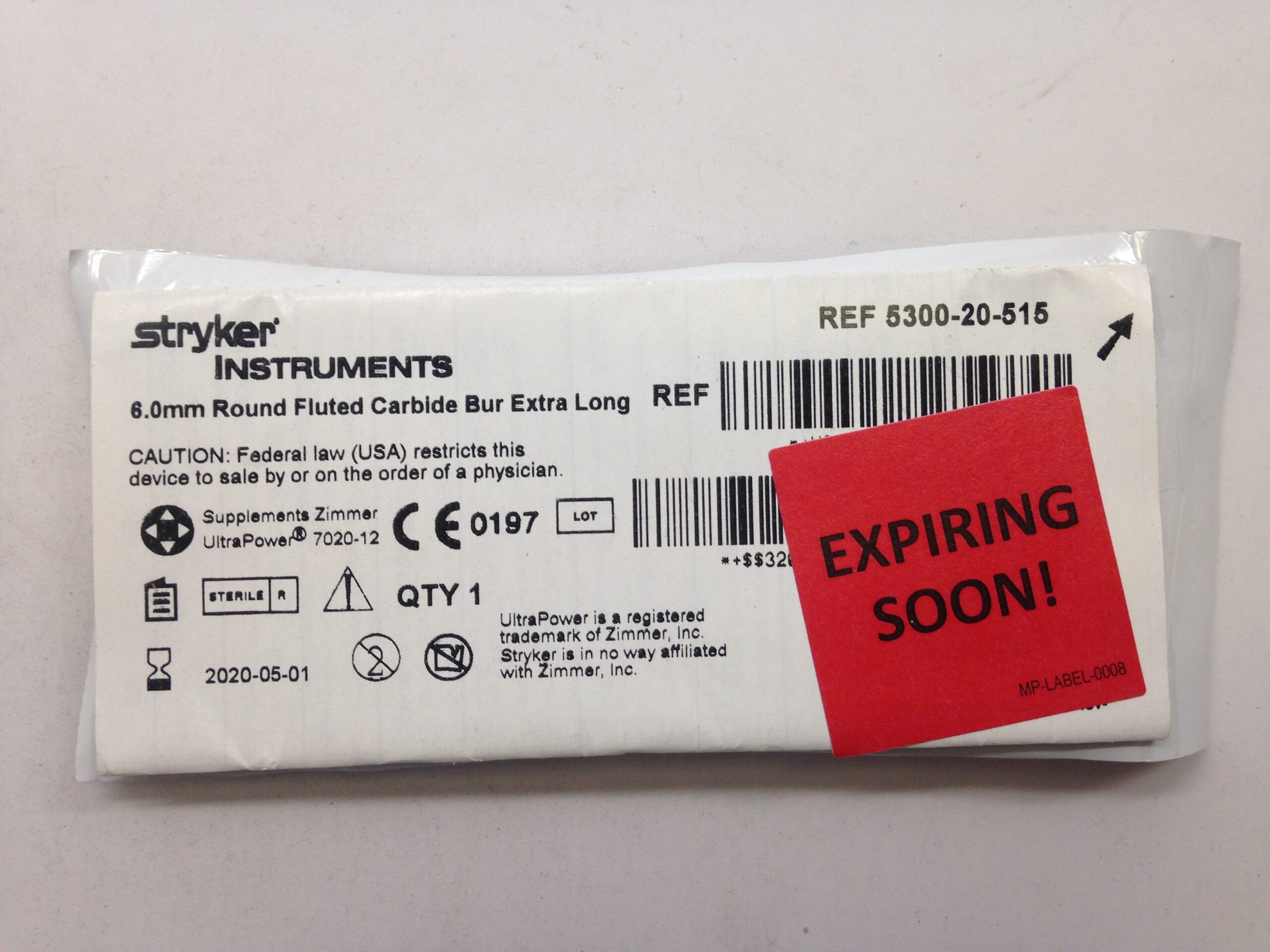 STRYKER 5300-20-515 Round Fluted Carbide Bur, Extra Long, 6.0mm (X ...