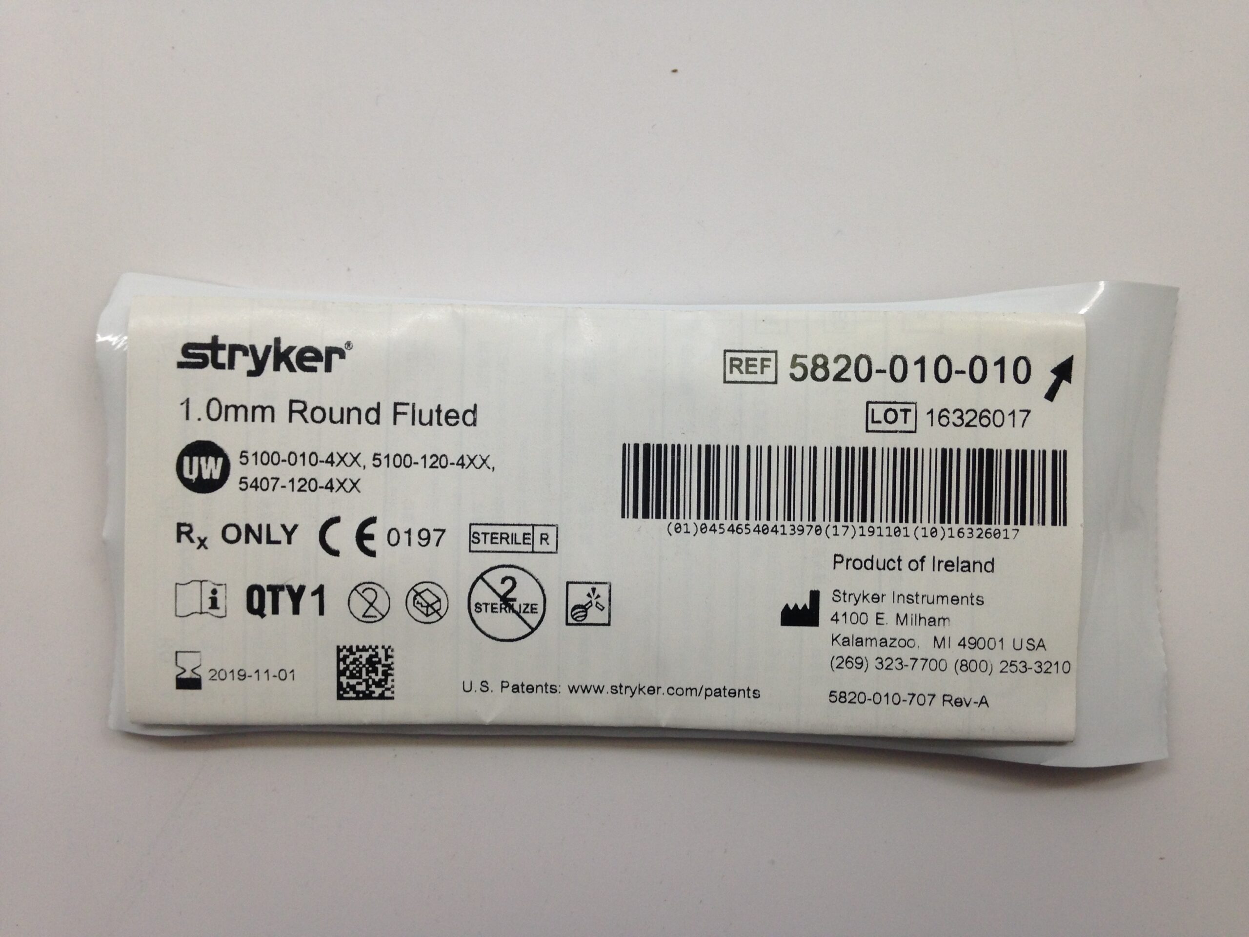 STRYKER 5820-010-010 Round Fluted Bur, 1.0mm (X) - GB TECH USA