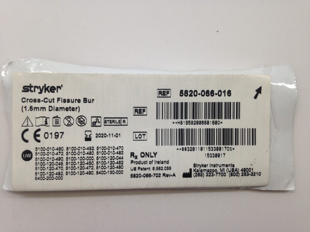 STRYKER 5820-066-016 Cross-Cut Fissure Bur, 1.6mm Diameter (X) - GB ...