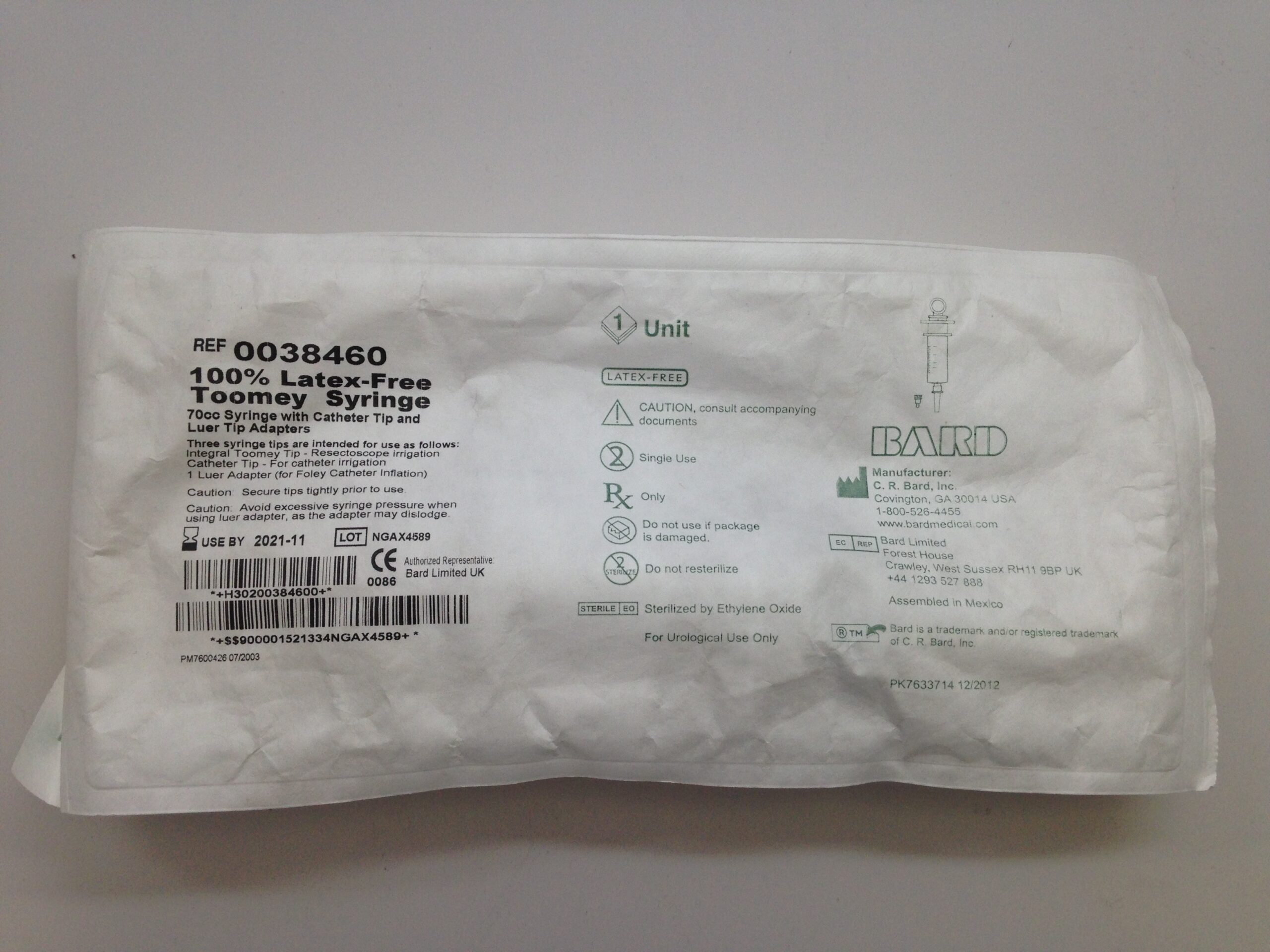 BARD 0038460 100% Latex-Free Toomey Syringe, 70cc Syringe With Catheter ...