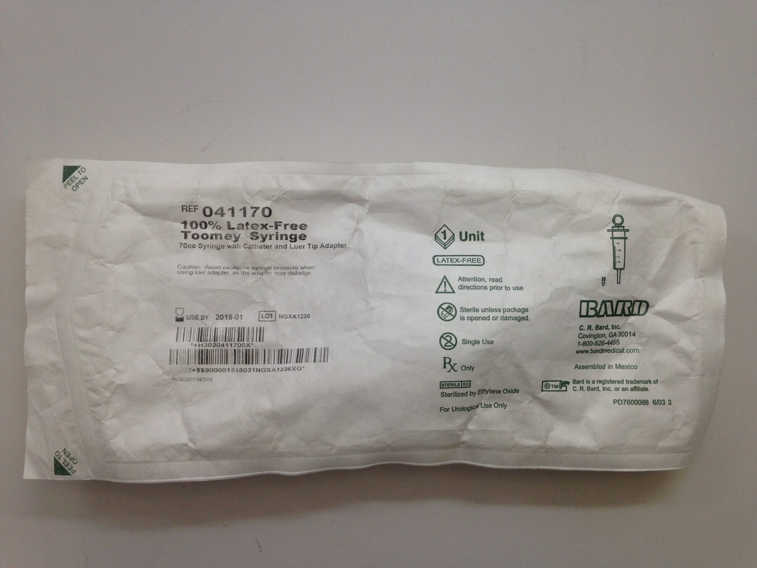 BARD 041170 100% Latex-Free Toomey Syringe, 70cc Syringe With Catheter ...