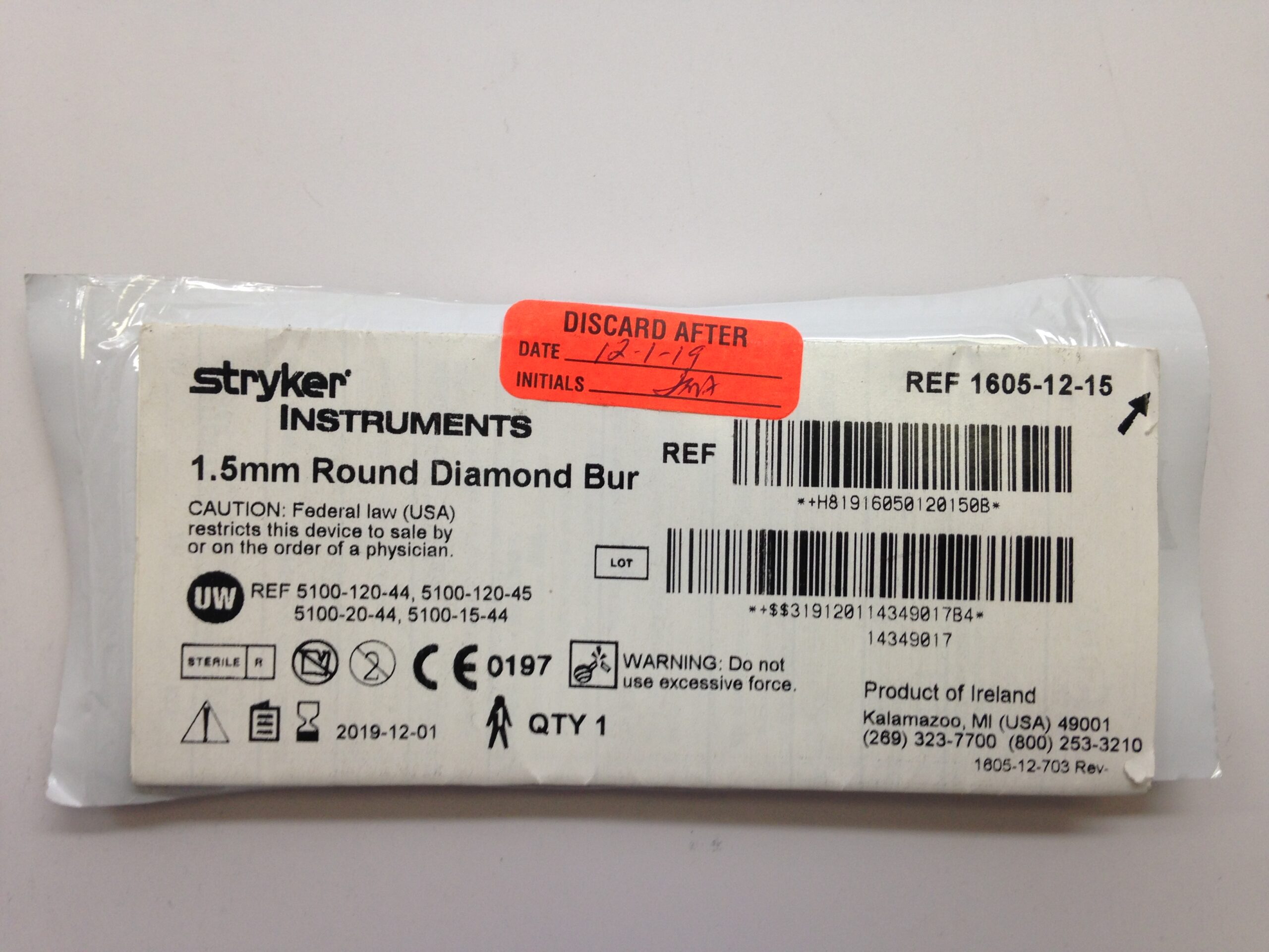 STRYKER 1605-12-15 Round Diamond Bur, 1.5mm (X) - GB TECH USA