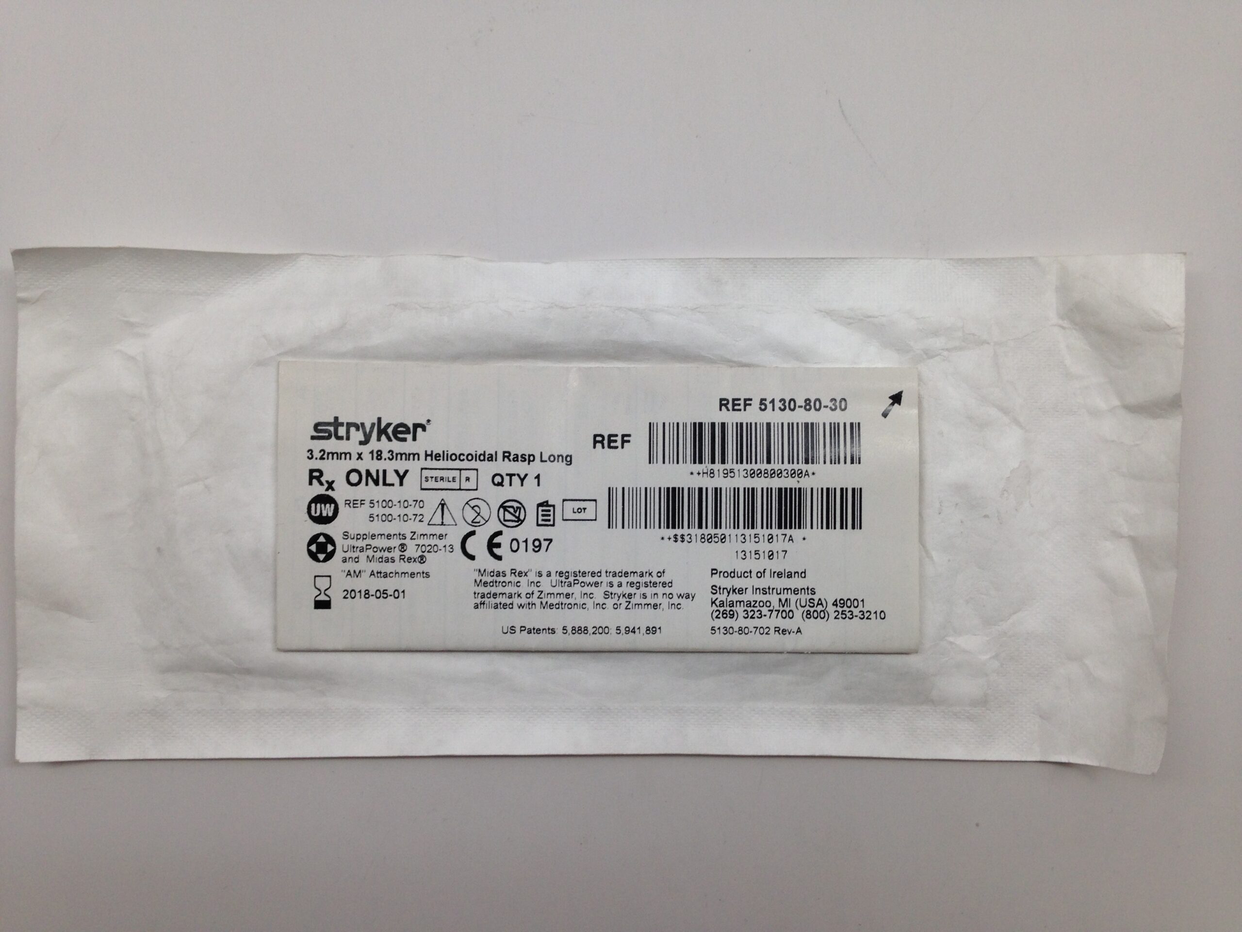 STRYKER 5130-80-30 Heliocoidal Rasp, Long, 3.2mm x 18.3mm (X) - GB TECH USA