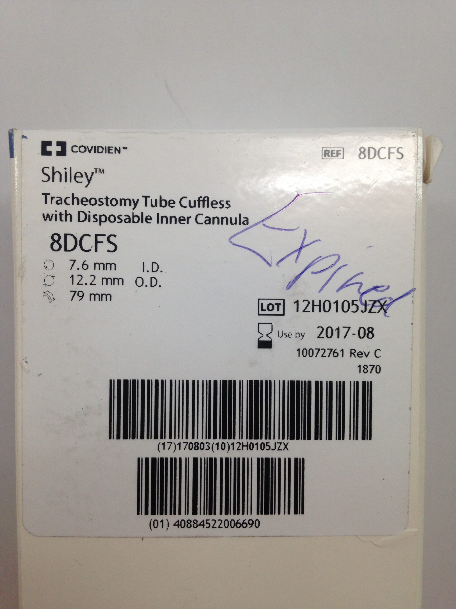 COVIDIEN 8DCFS Shiley Tracheostomy Tube Cuffless With Disposable Inner ...