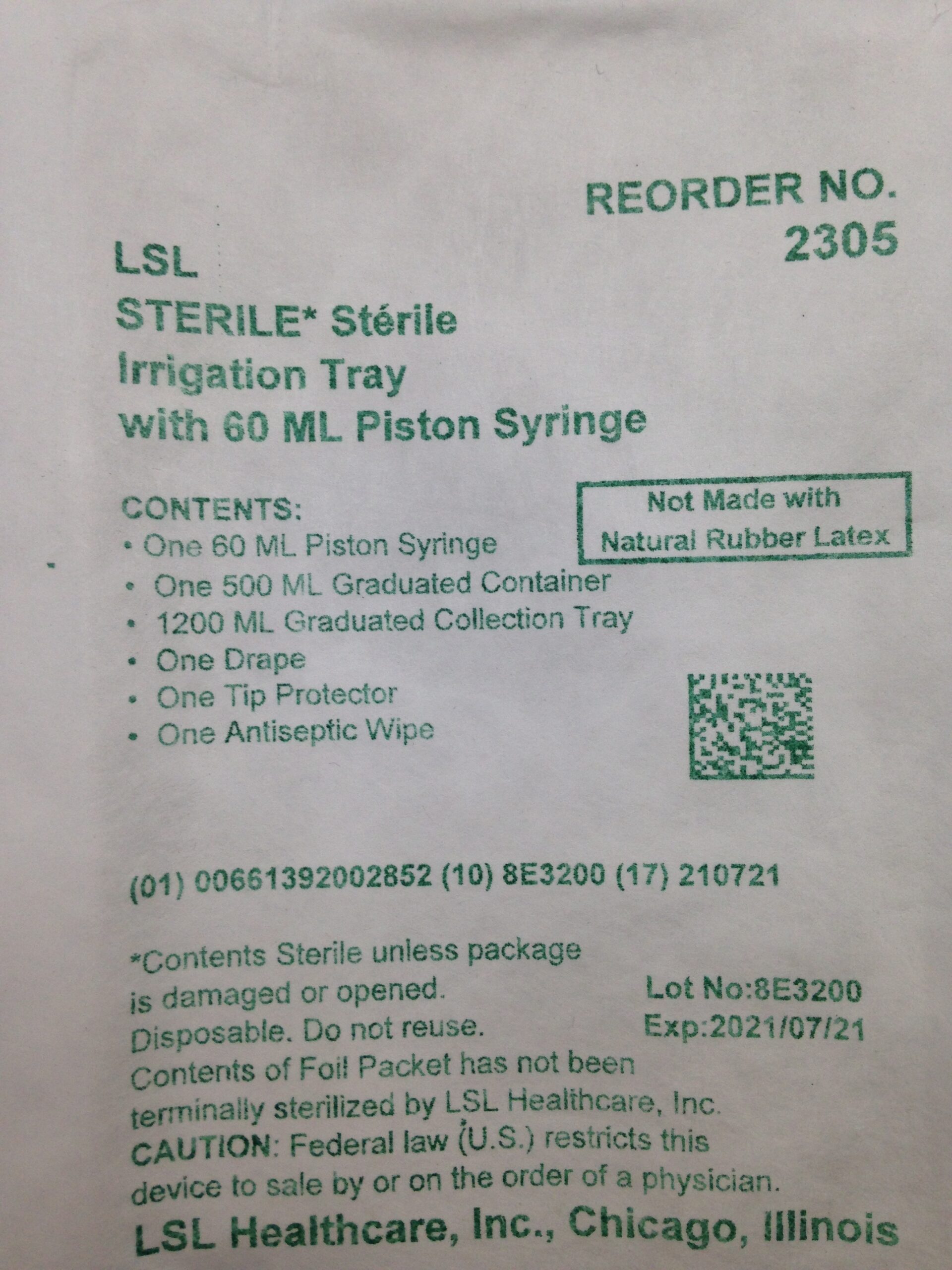 LSL 2305 STERILE Irrigation Tray With 60mL Piston Syringe (X) - GB TECH USA