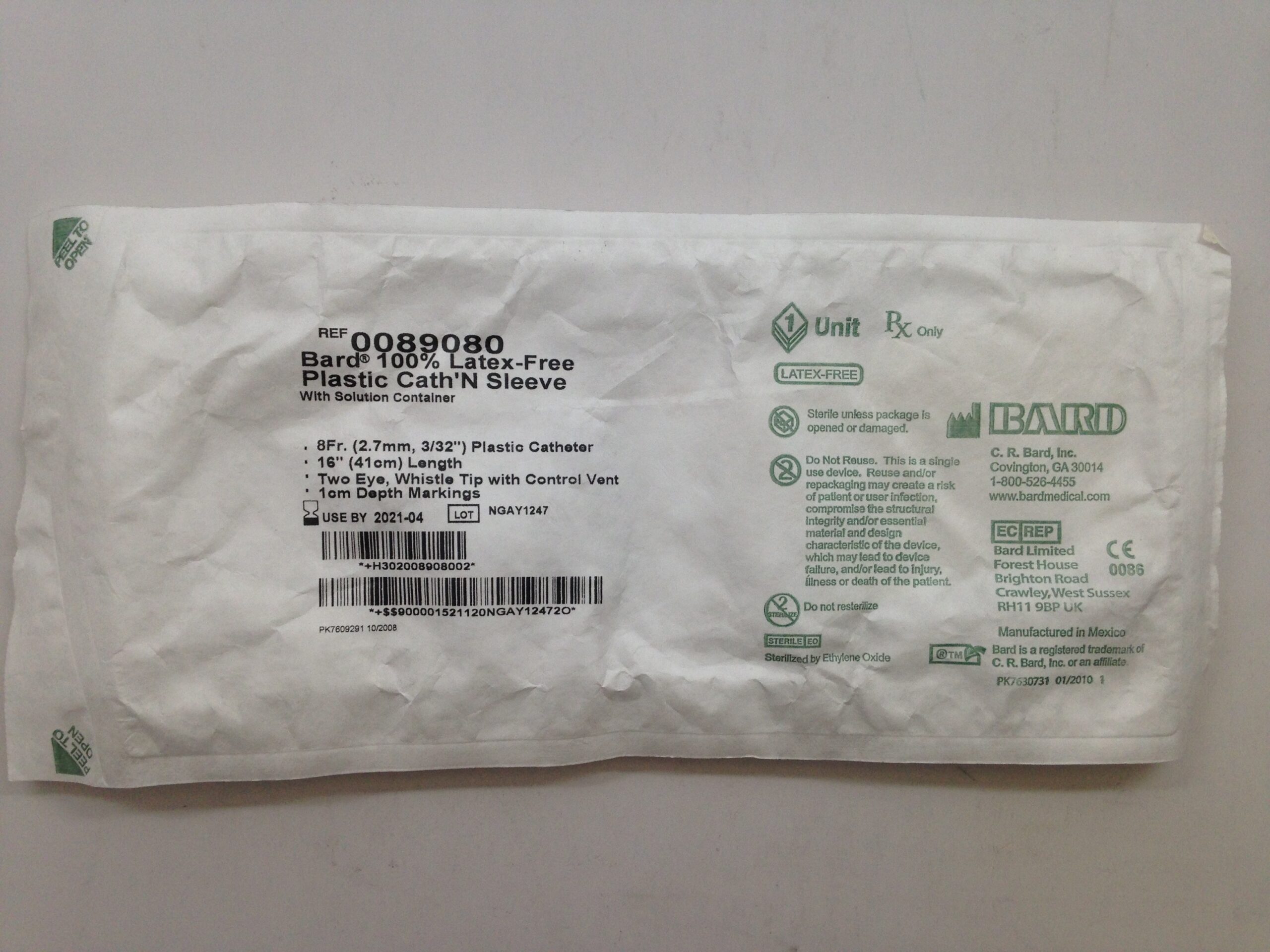 BARD 0089080 100% Latex-Free Plastic Cath'N Sleeve With Solution ...