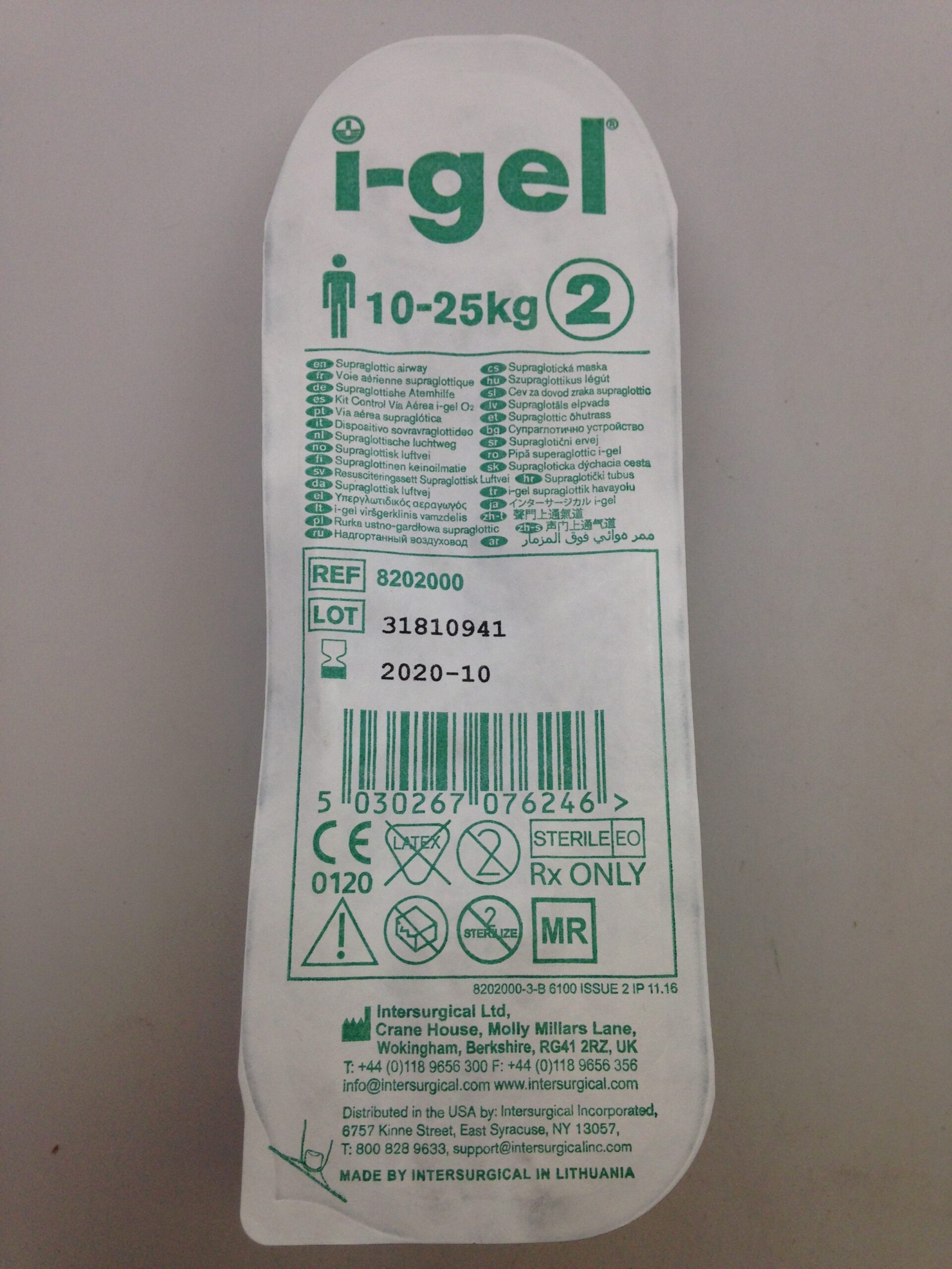 INTERSURGICAL 8202000 I-Gel Supraglottic Airway, 10-25Kg (X) - GB TECH USA