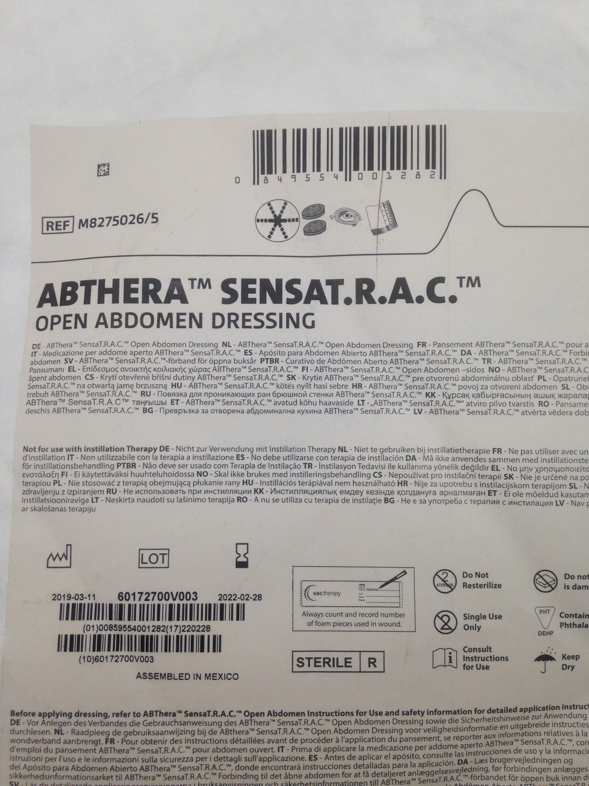 KCI M8275026/5 Abthera SensaT.R.A.C. Open Abdomen Dressing - GB TECH USA