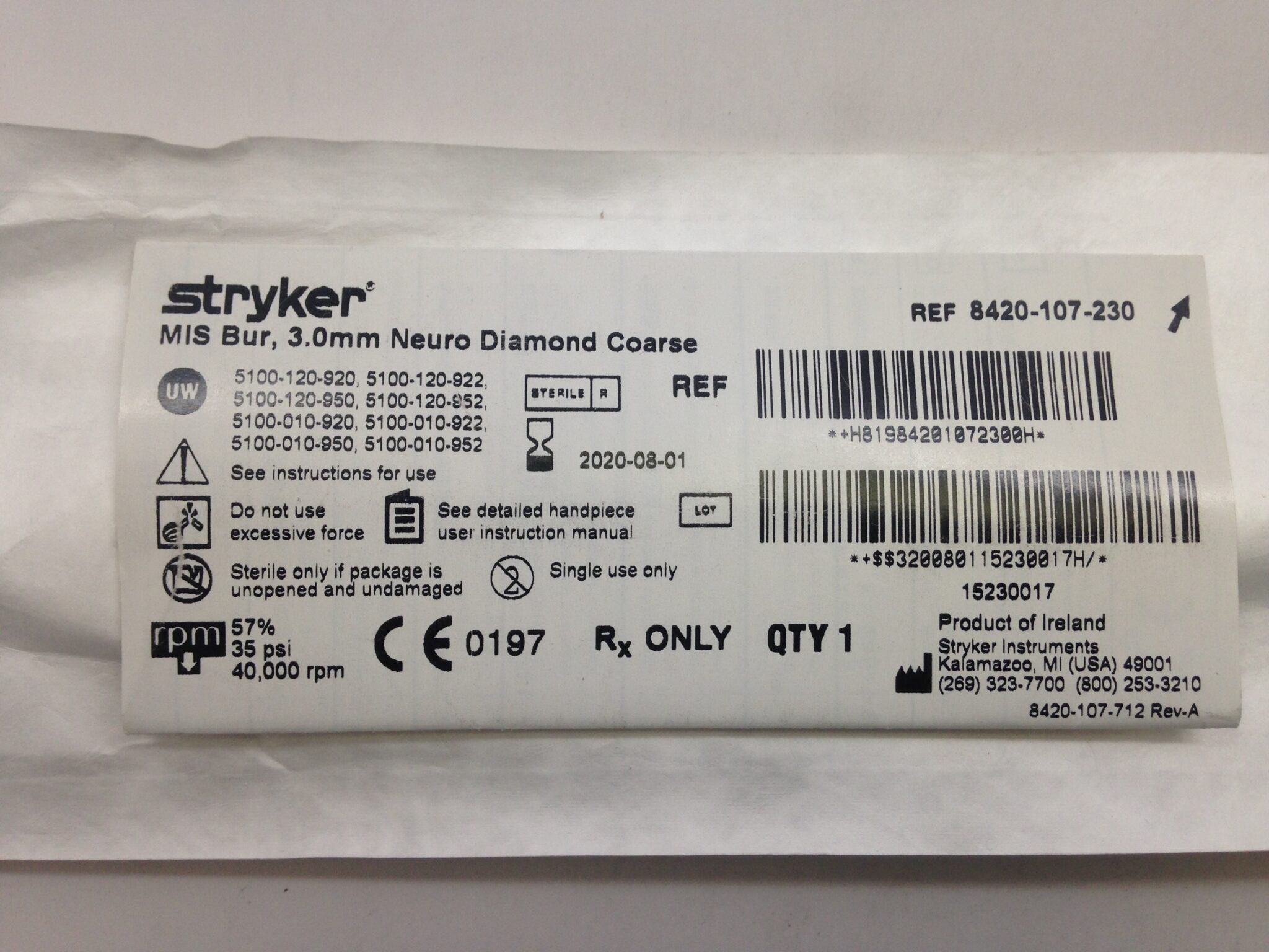 STRYKER 8420-107-230 MIS Bur, 3.0mm Neuro Diamond Coarse (X) - GB TECH USA