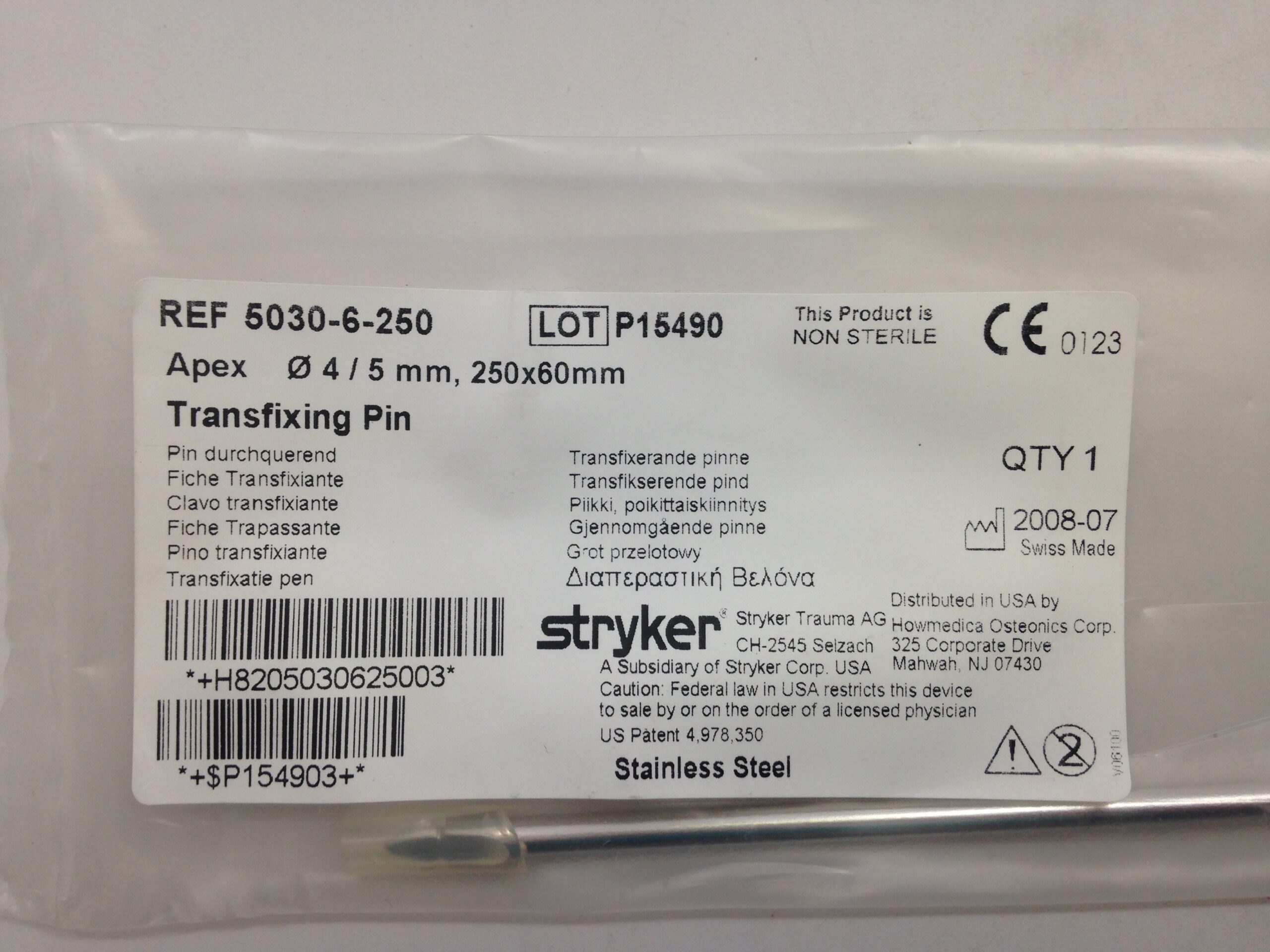 STRYKER 5030-6-250 Apex Transfixing Pin, 4/5mm, 250 x x 60mm - GB TECH USA