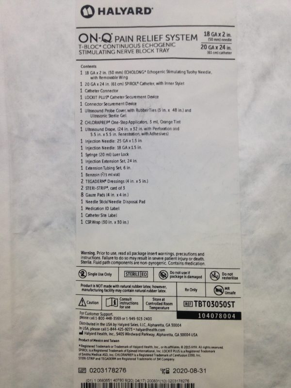 HALYARD TBT03050ST ON-Q Pain Relief System, T-Bloc Continuous Echogenic ...