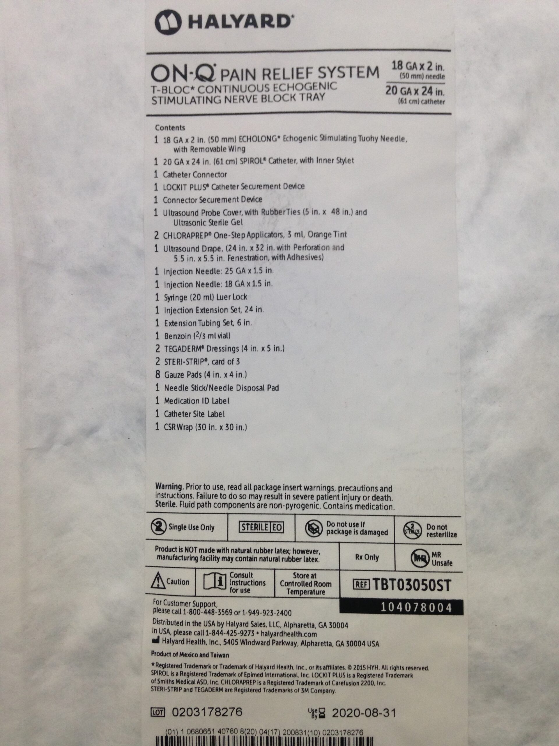 HALYARD TBT03050ST ON-Q Pain Relief System, T-Bloc Continuous Echogenic ...