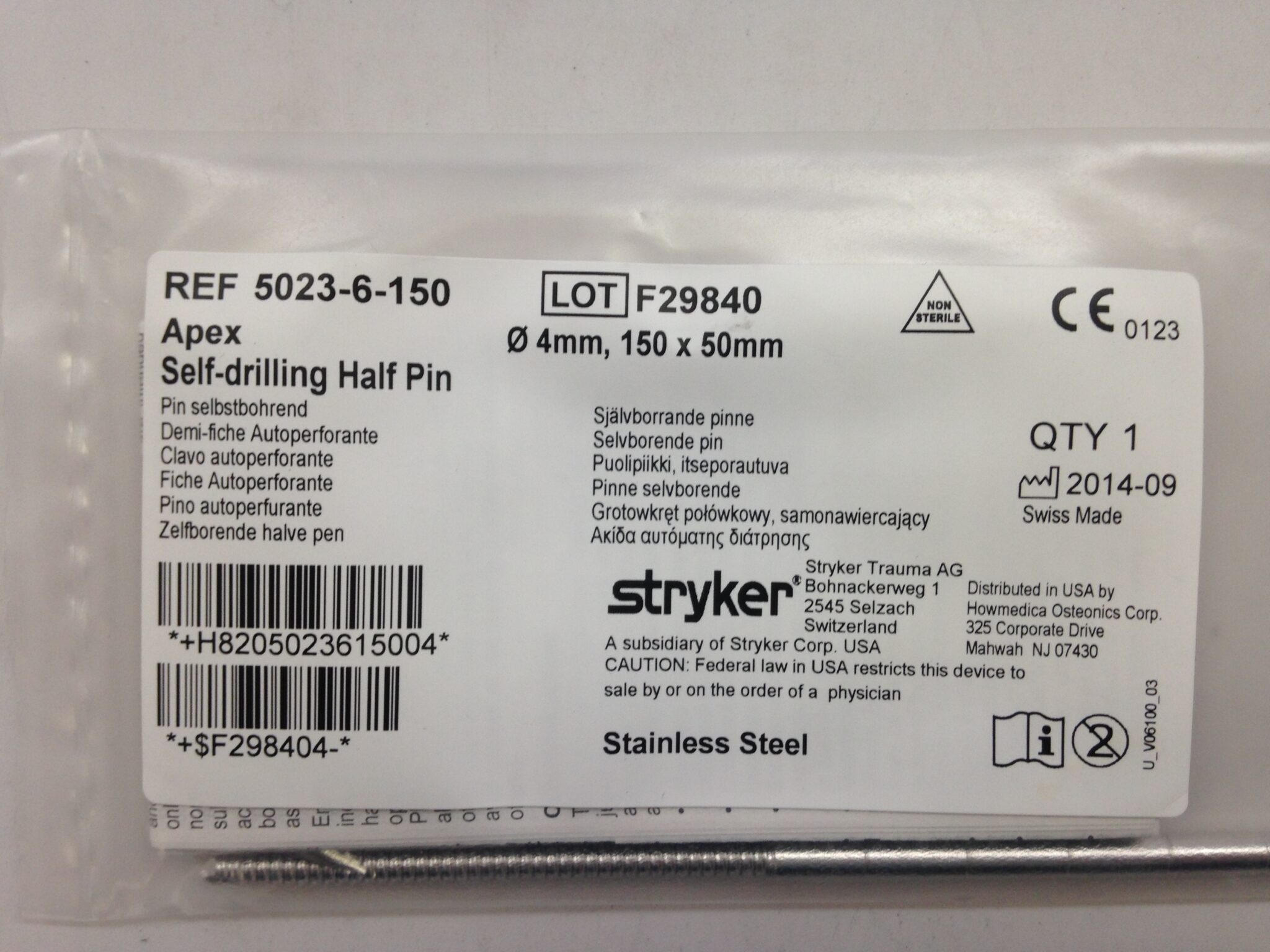 STRYKER 5023-6-150 Apex Self-Drilling Half Pin, 4mm, 150 x 50mm - GB ...