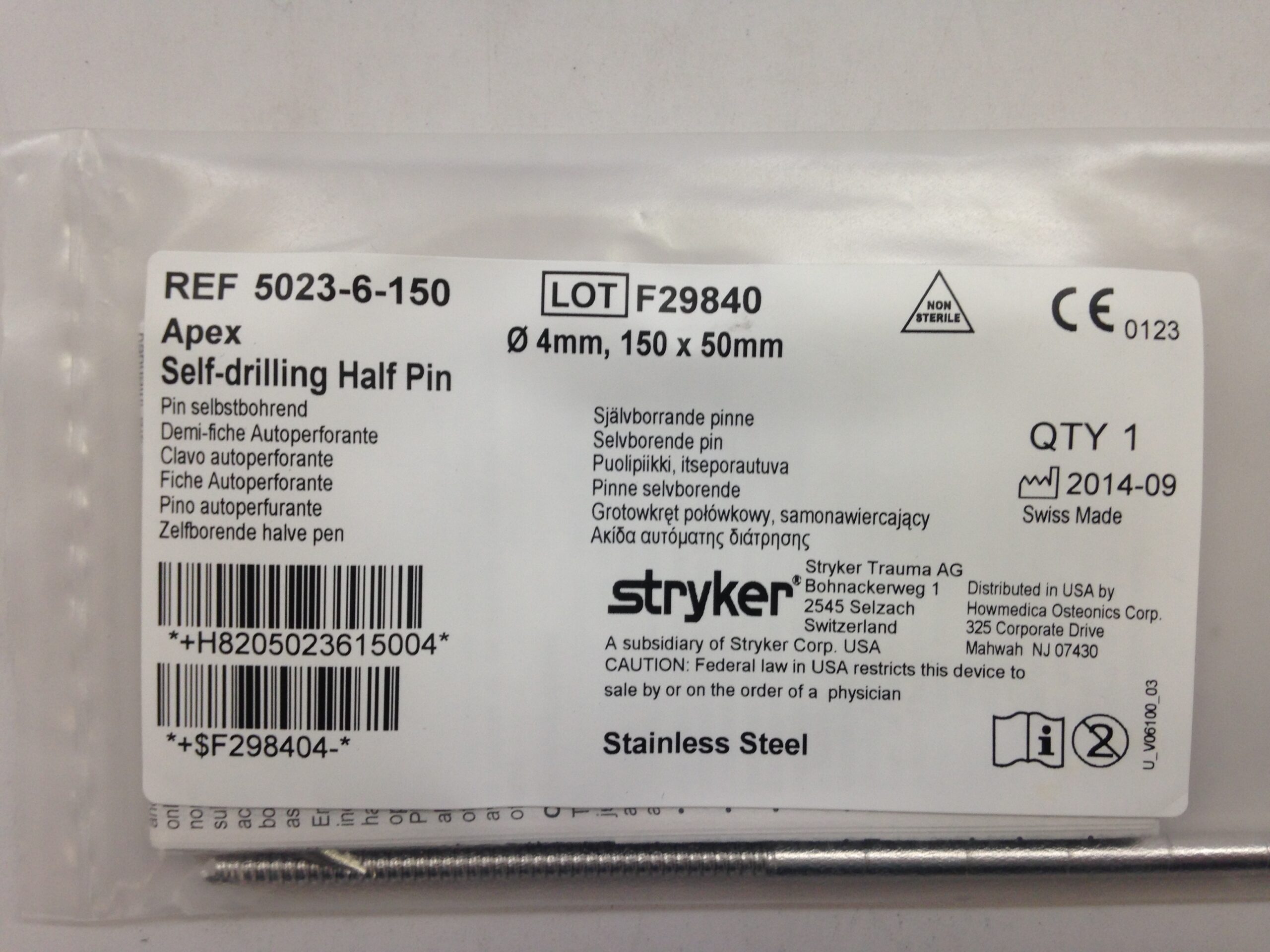 STRYKER 5023-6-150 Apex Self-Drilling Half Pin, 4mm, 150 x 50mm - GB ...