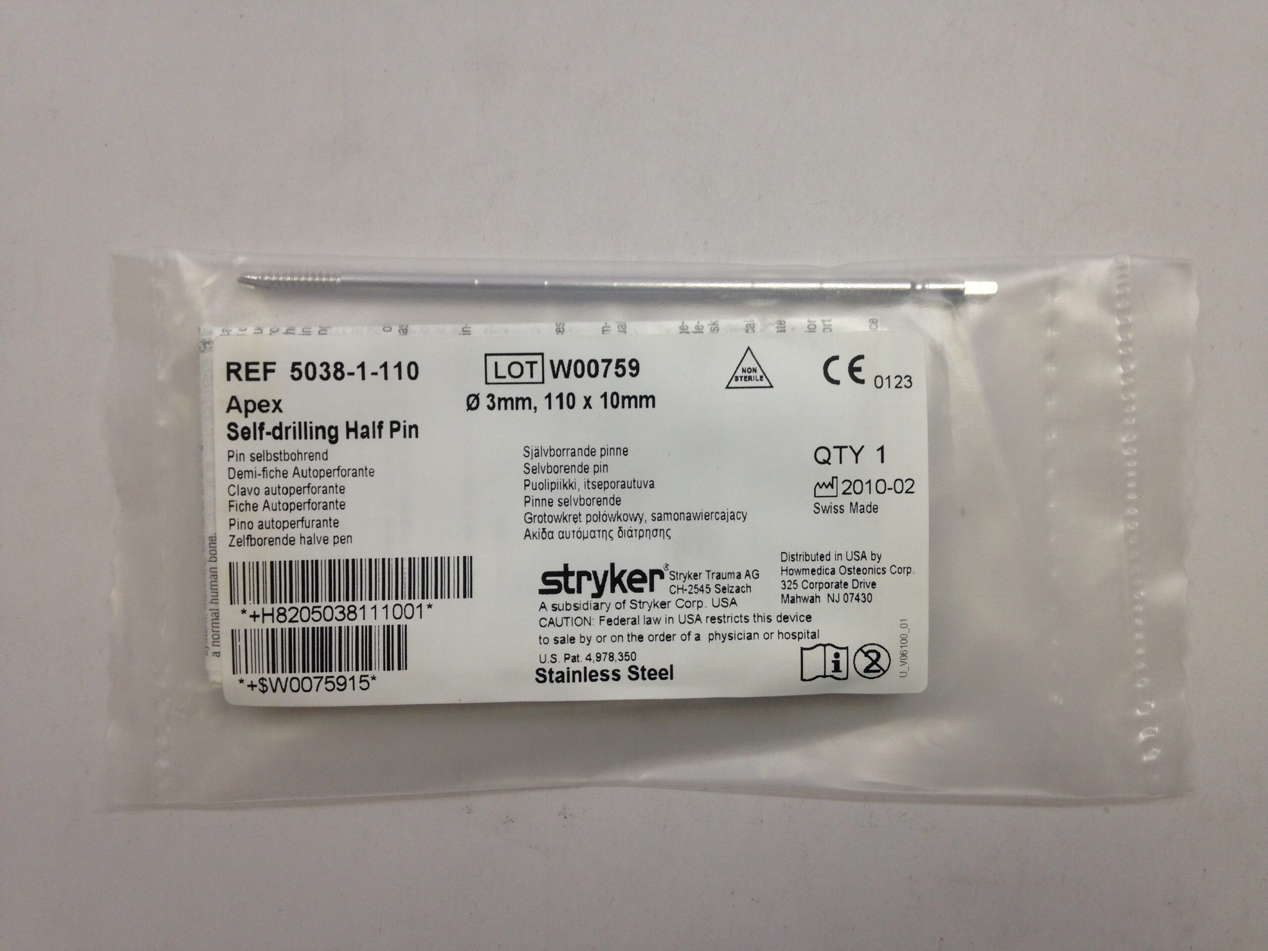 STYKER 5038-1-110 Apex Self-Drilling Half Pin, 3mm, 110 x 10mm - GB ...