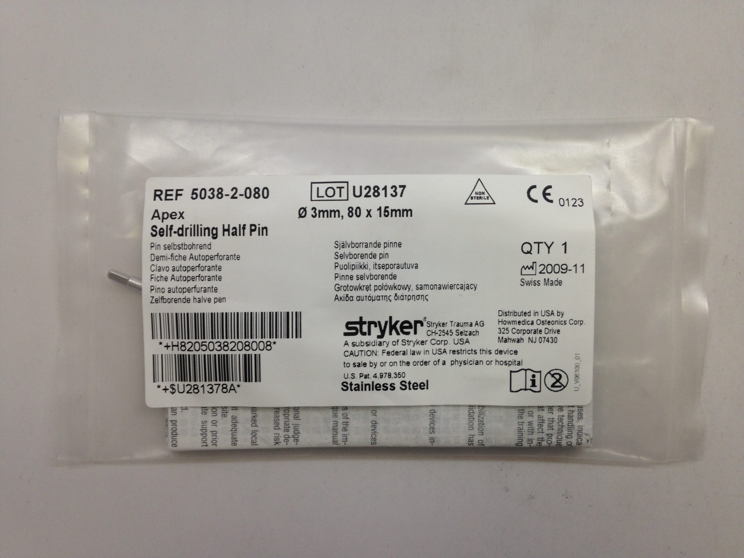 STRYKER 5038-2-080 Apex Self-Drilling Half Pin, 3mm, 80 x 15mm - GB ...