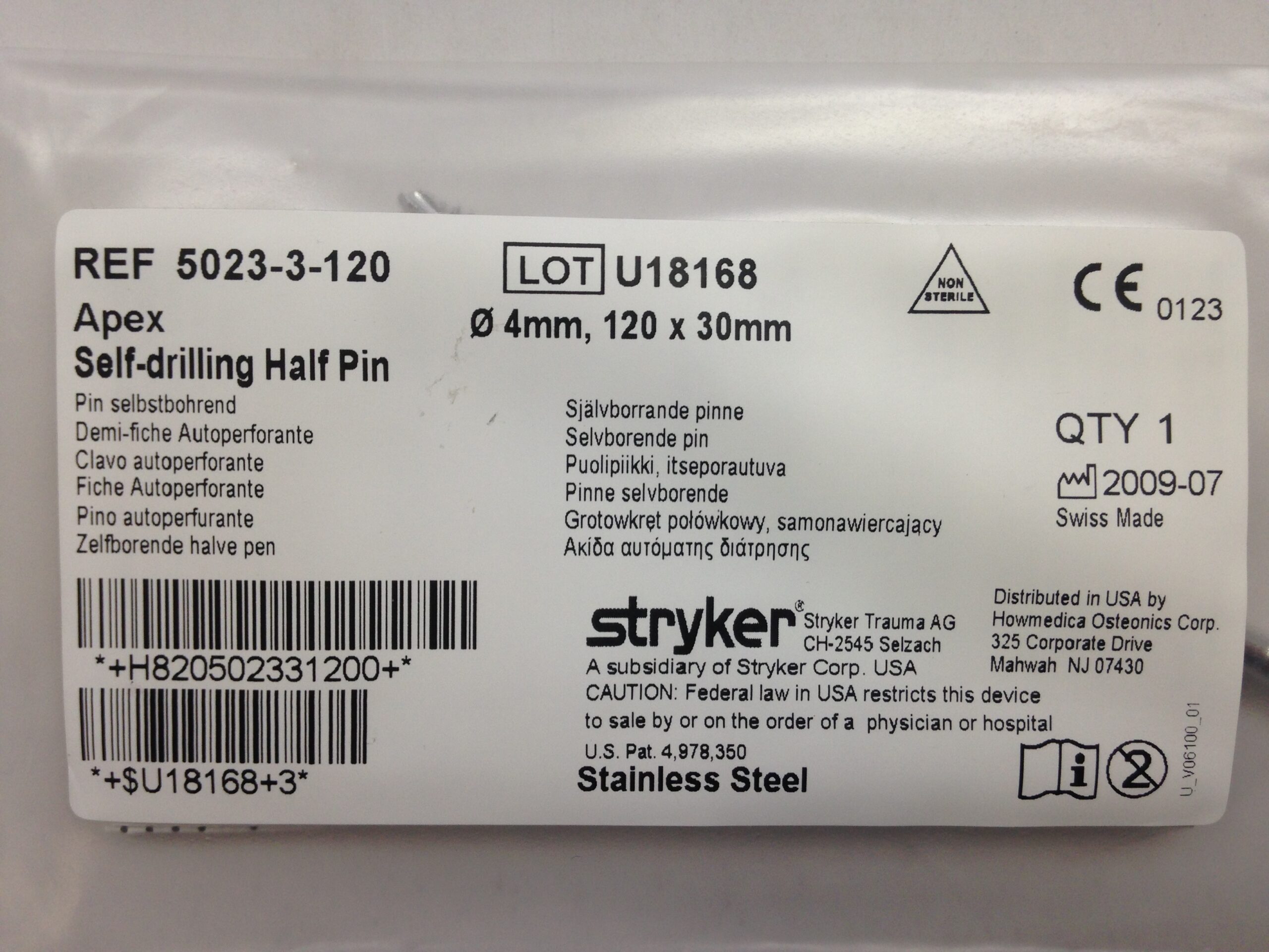 STRYKER 5023-3-120 Apex Self-Drilling Half Pin, 4mm, 120 x 30mm - GB ...