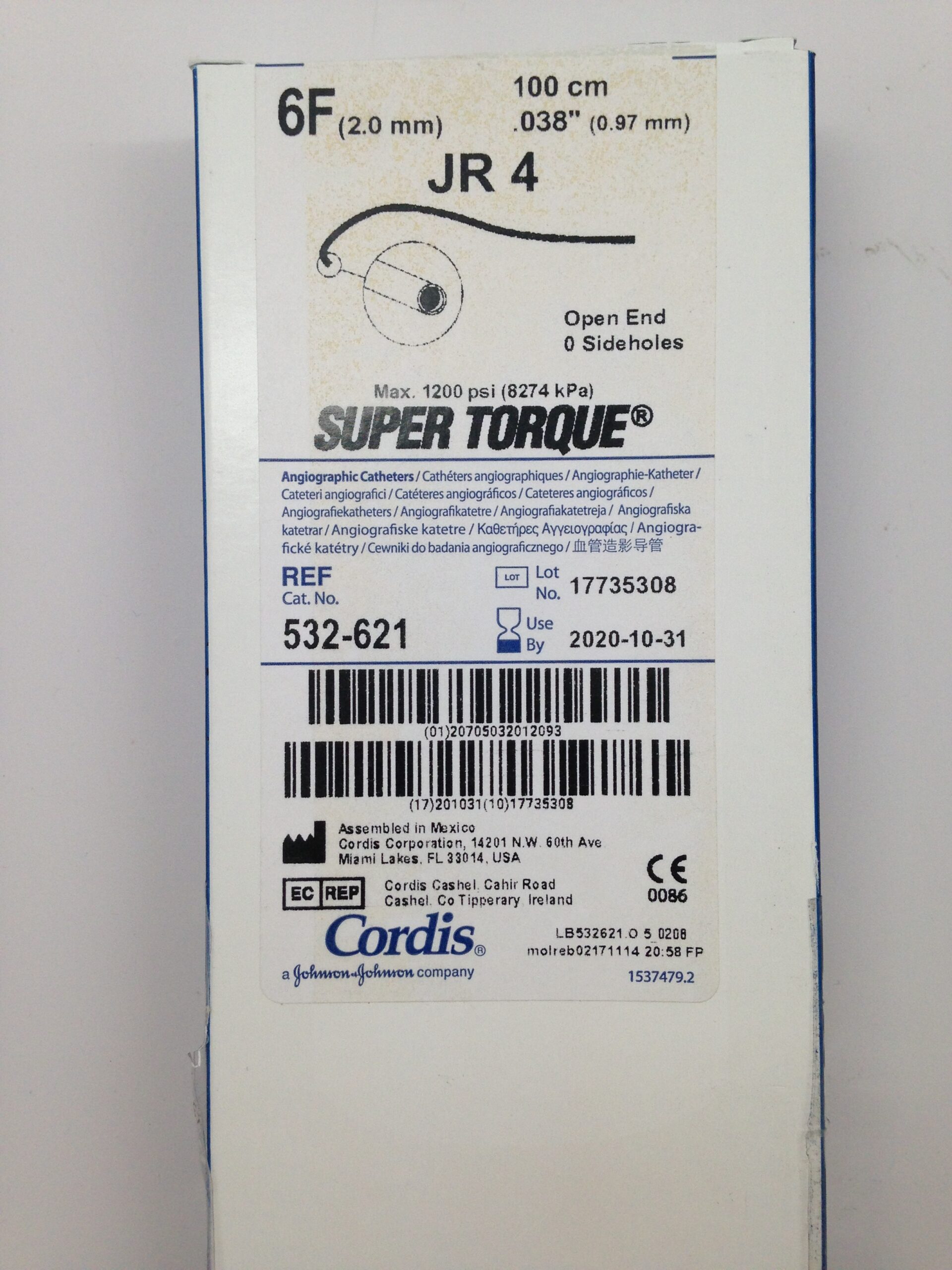 CORDIS 532-621 JR 4 Super Torque Angiographic Catheters, 6F100cm (Box/5 ...