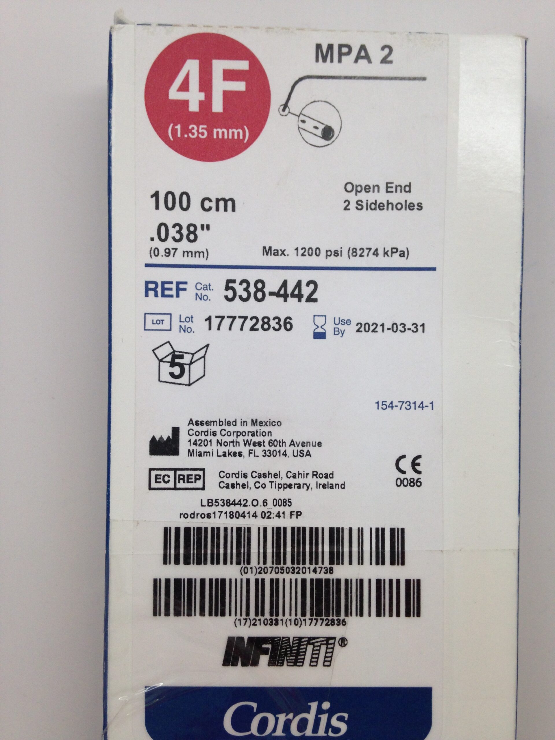 CORDIS 538-442 MPA 2 Infinti Diagnostic Catheter, 4F 100cm (Box/5) (X ...