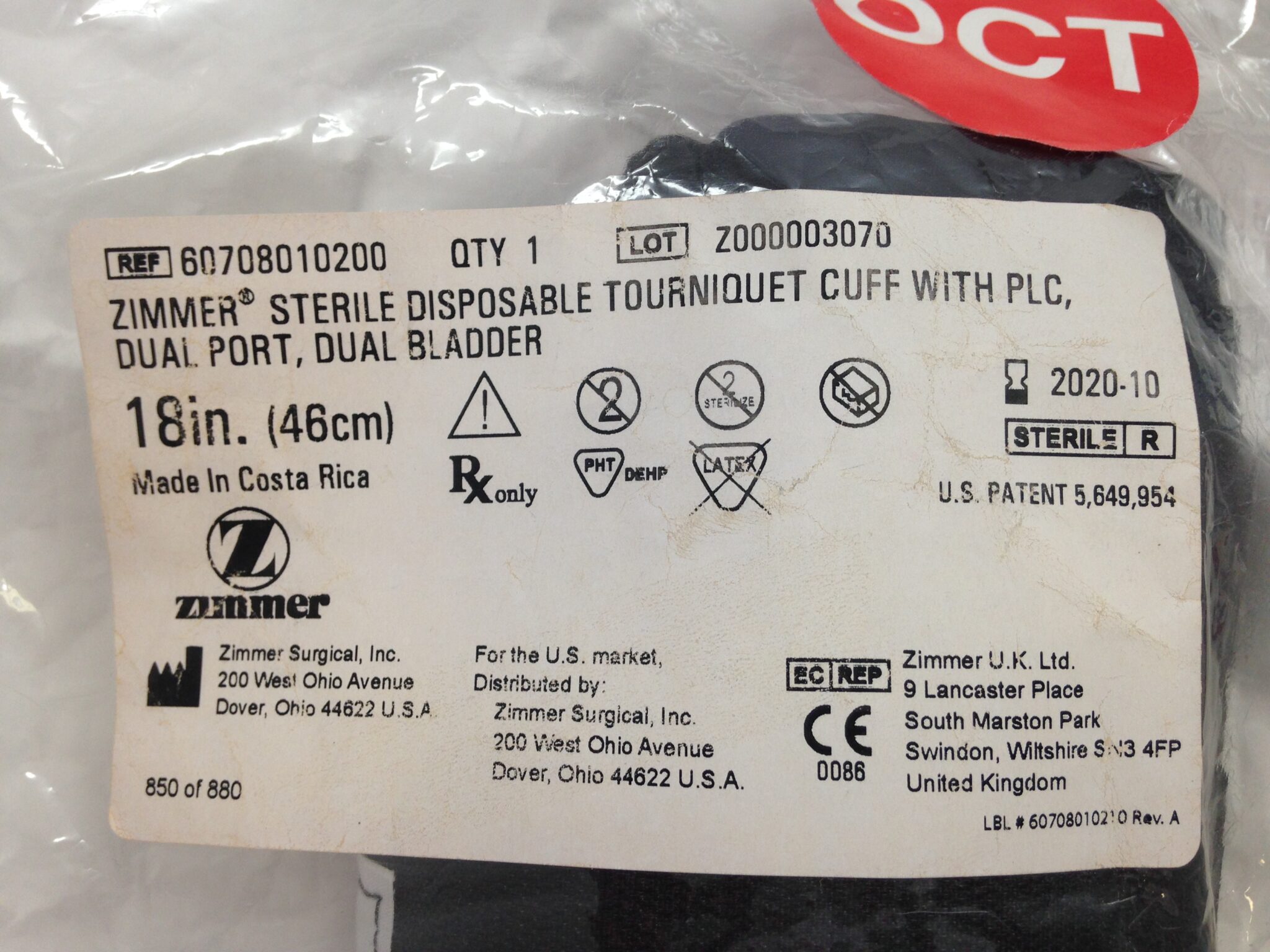 ZIMMER 60708010200 Sterile Disposable Tourniquet Cuff With PLC, Dual ...