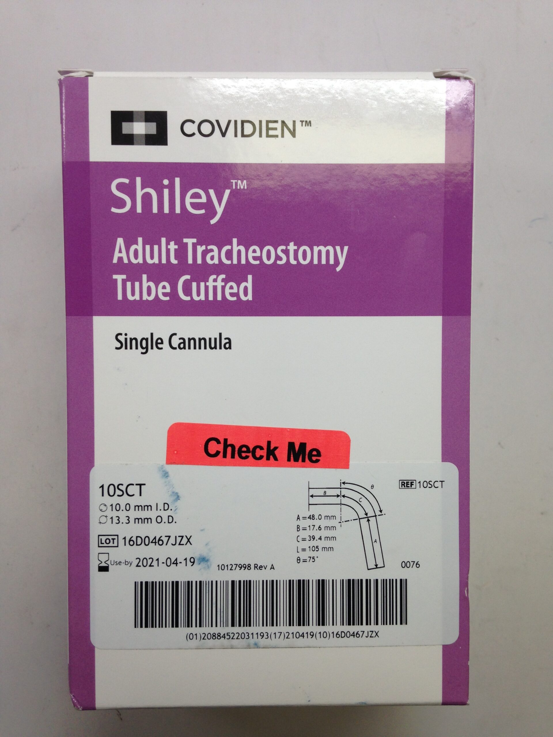 COVIDIEN 10SCT Shiley Adult Tracheostomy Tube Cuffed, Single Cannula ...