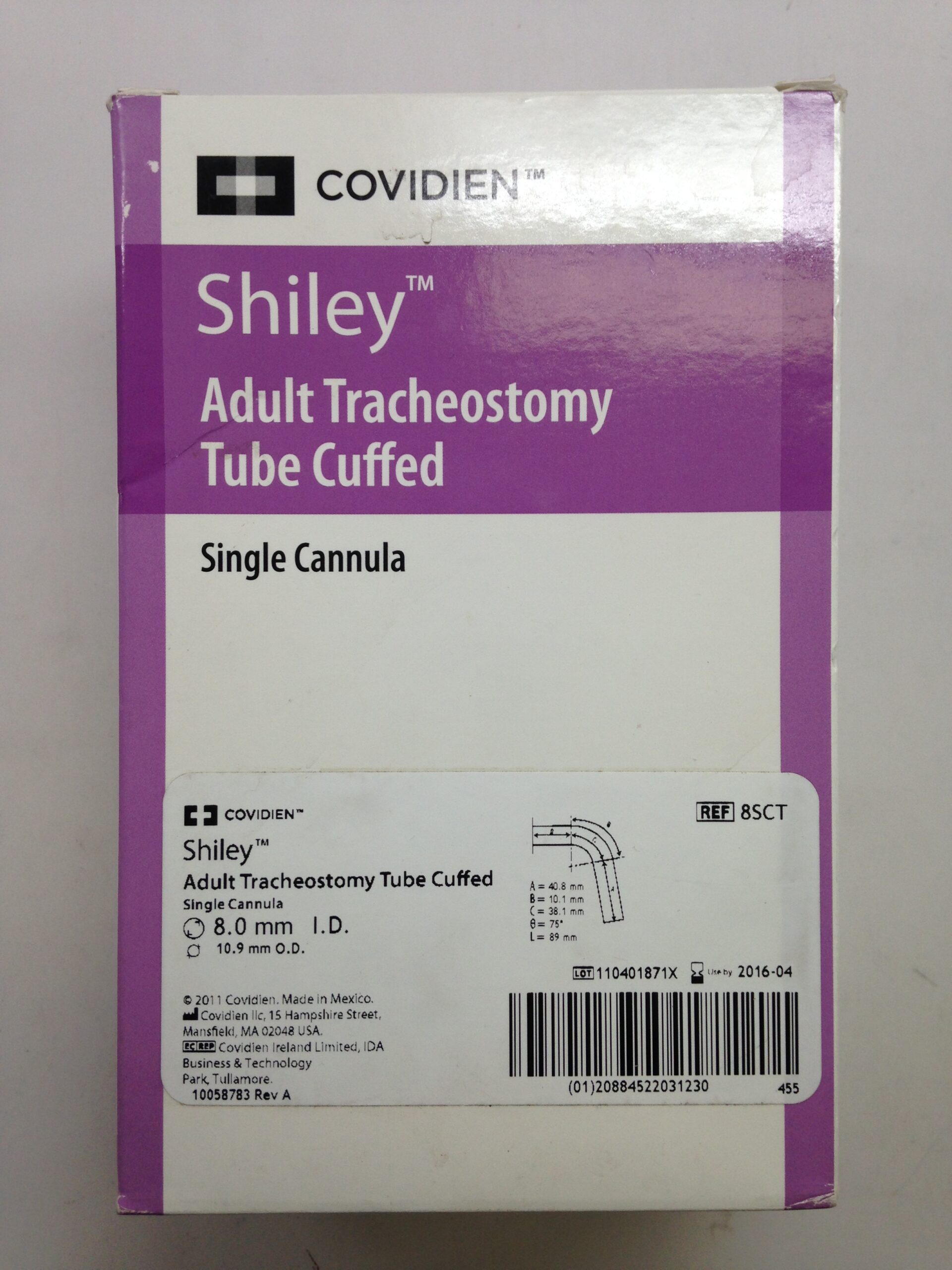 COVIDIEN 8SCT Shiley Adult Tracheostomy Tube Cuffed, Single Cannula, 8 ...