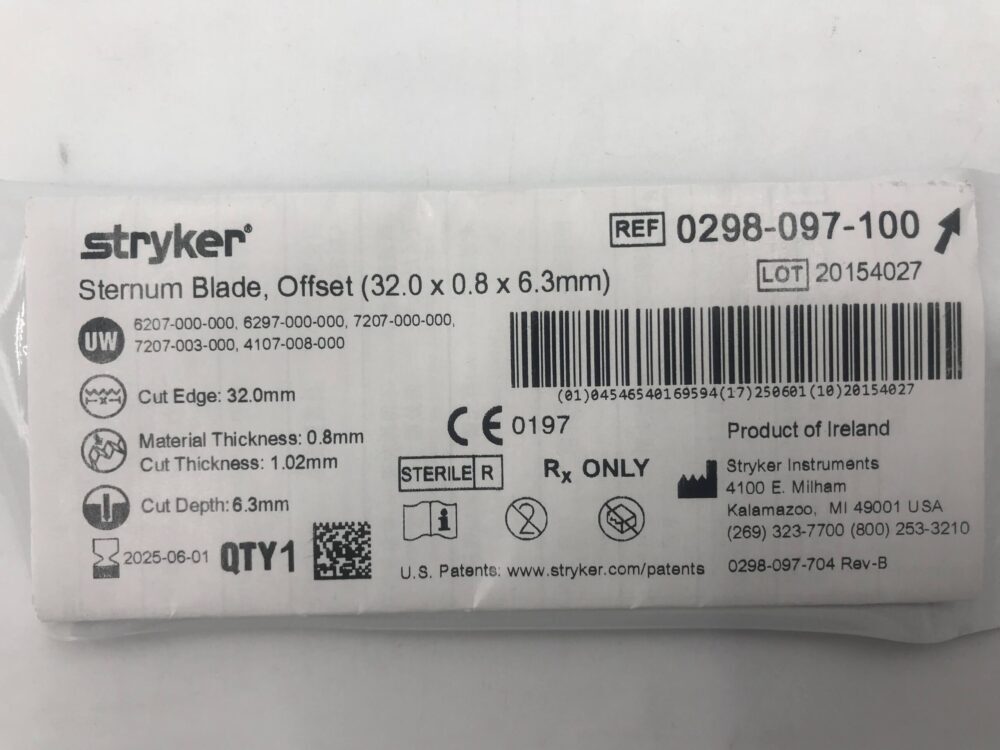 STRYKER 0298-097-100 Sternum Blade, Offset, 32.0 x 0.8 x 6.3mm - GB ...